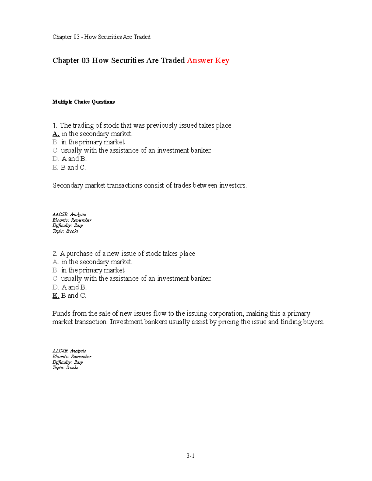 Chapter 03 - How Securities Are Traded Answer Key - Studocu
