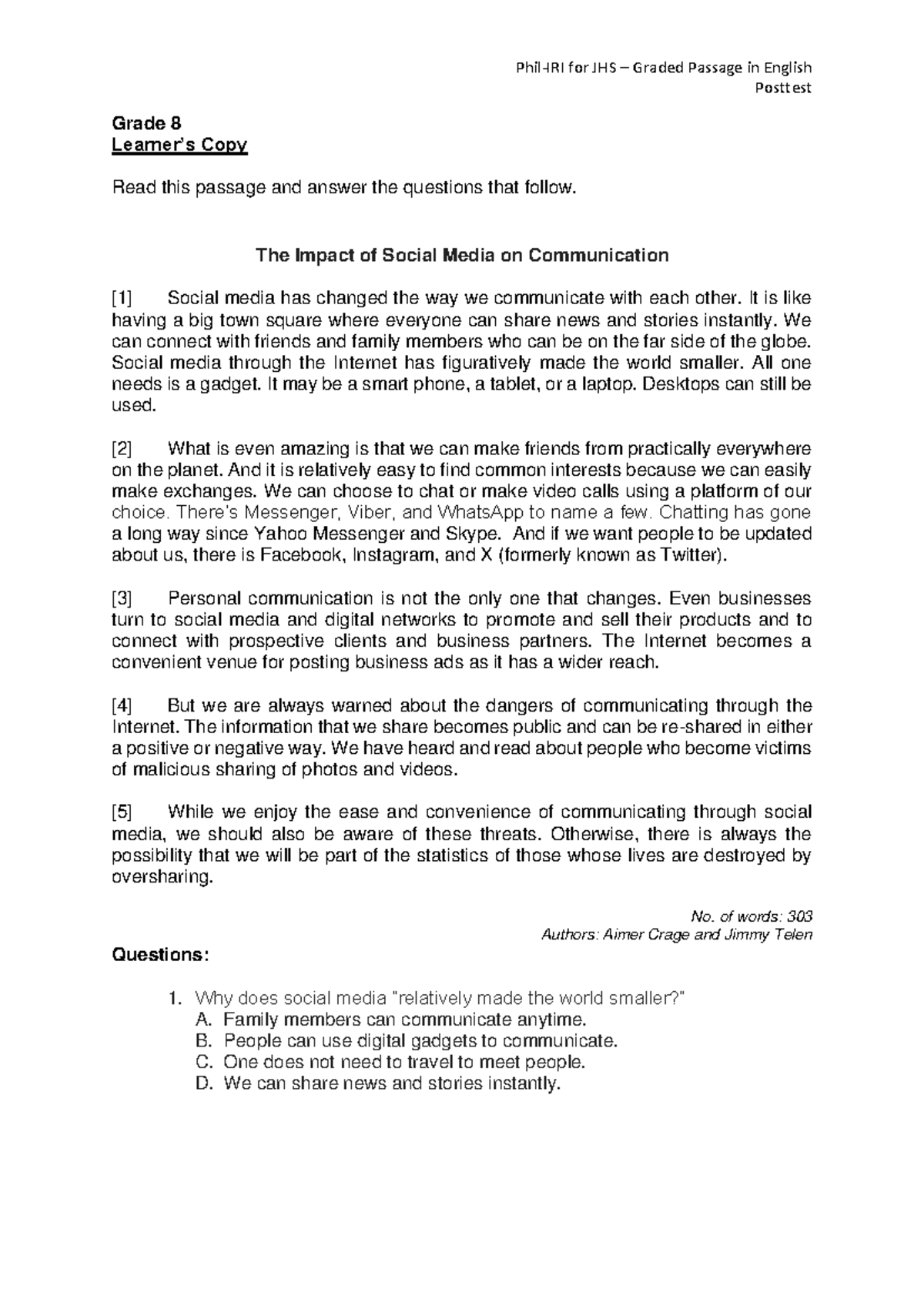 Grade 8 Phil-IRI Posttest: The Impact of Social Media on Communication ...