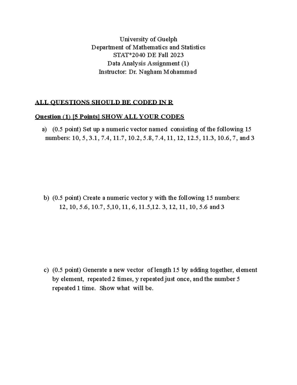 Data Analysis Assignment 1 for STAT*2040 DE Fall 2023 in R - Studocu