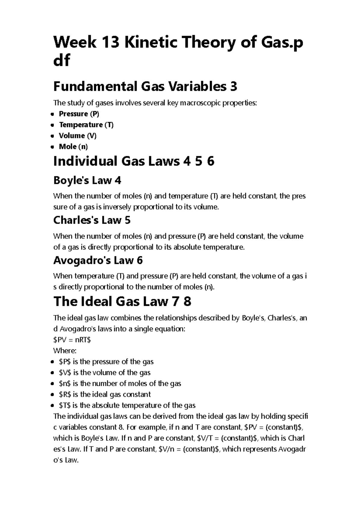 Week 13 Lecture Notes: Kinetic Theory of Gases and Ideal Gas Law - Studocu