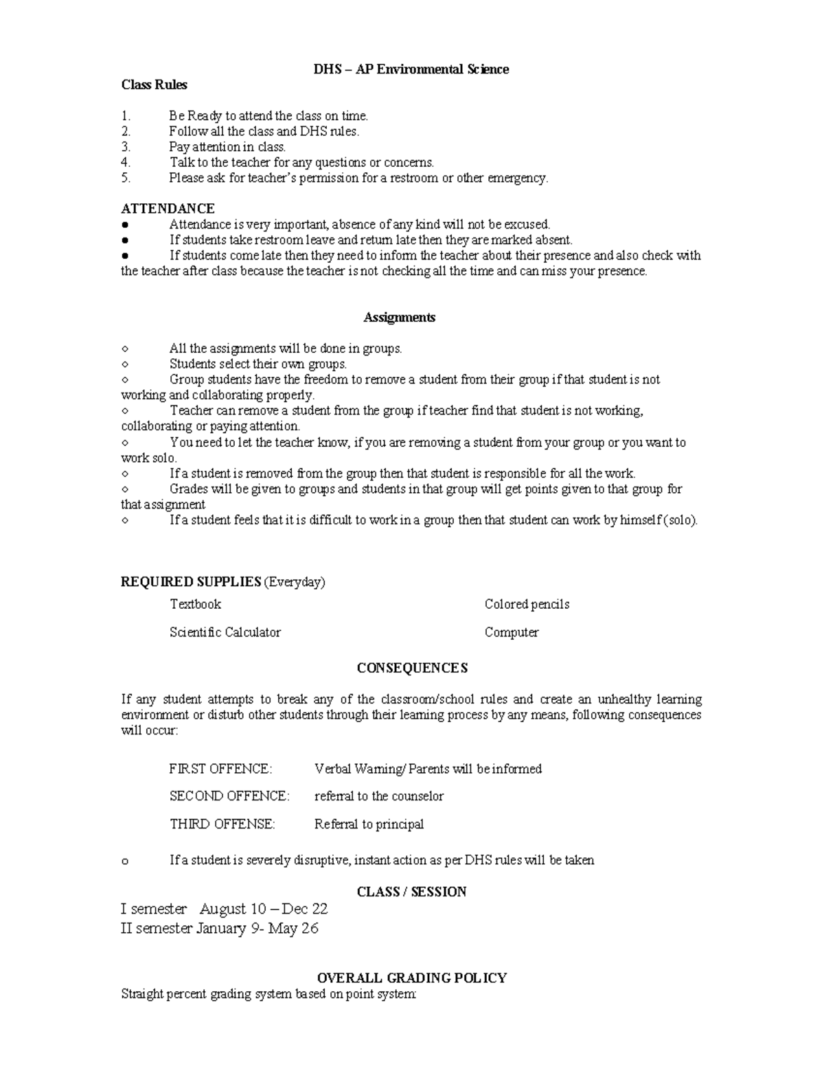 AP Environmental Science Syllabus and Class Rules Guide - Studocu