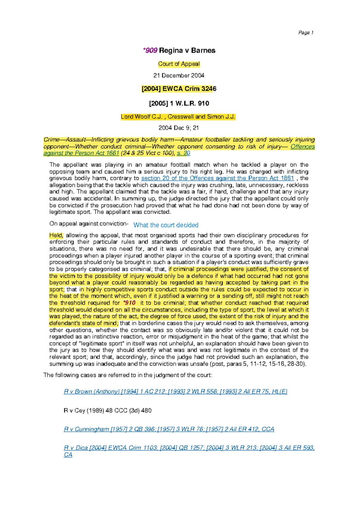 Case Study: R v Barnes - Appeal Against Conviction for GBH - Studocu