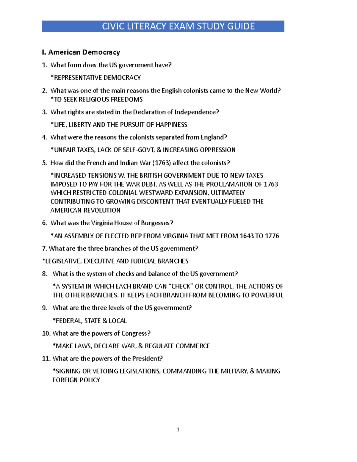 Final Exam Study Guide for Course Code XYZ123 - I. American Democracy ...