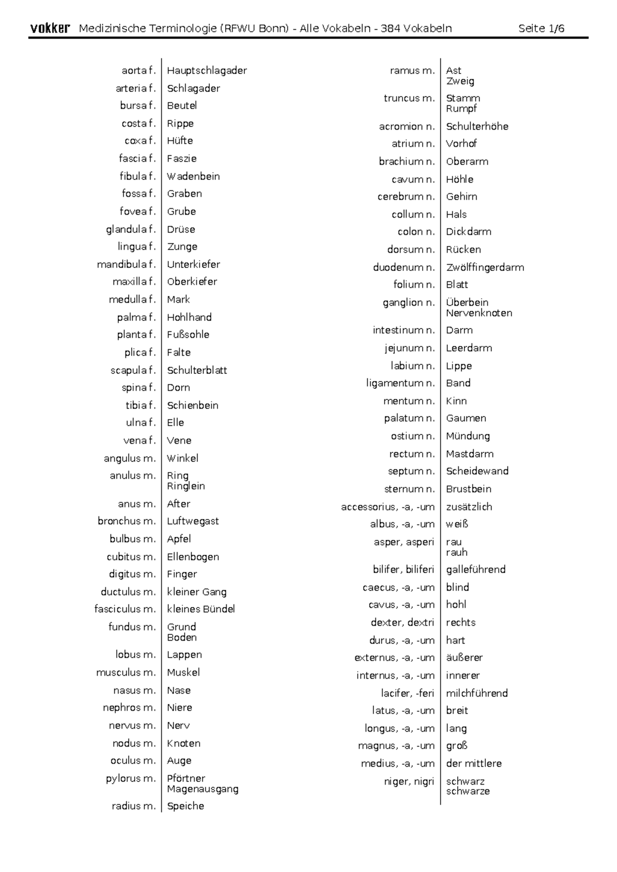 Vokabelliste aller Vokabeln. - aorta f. Hauptschlagader arteria f ...