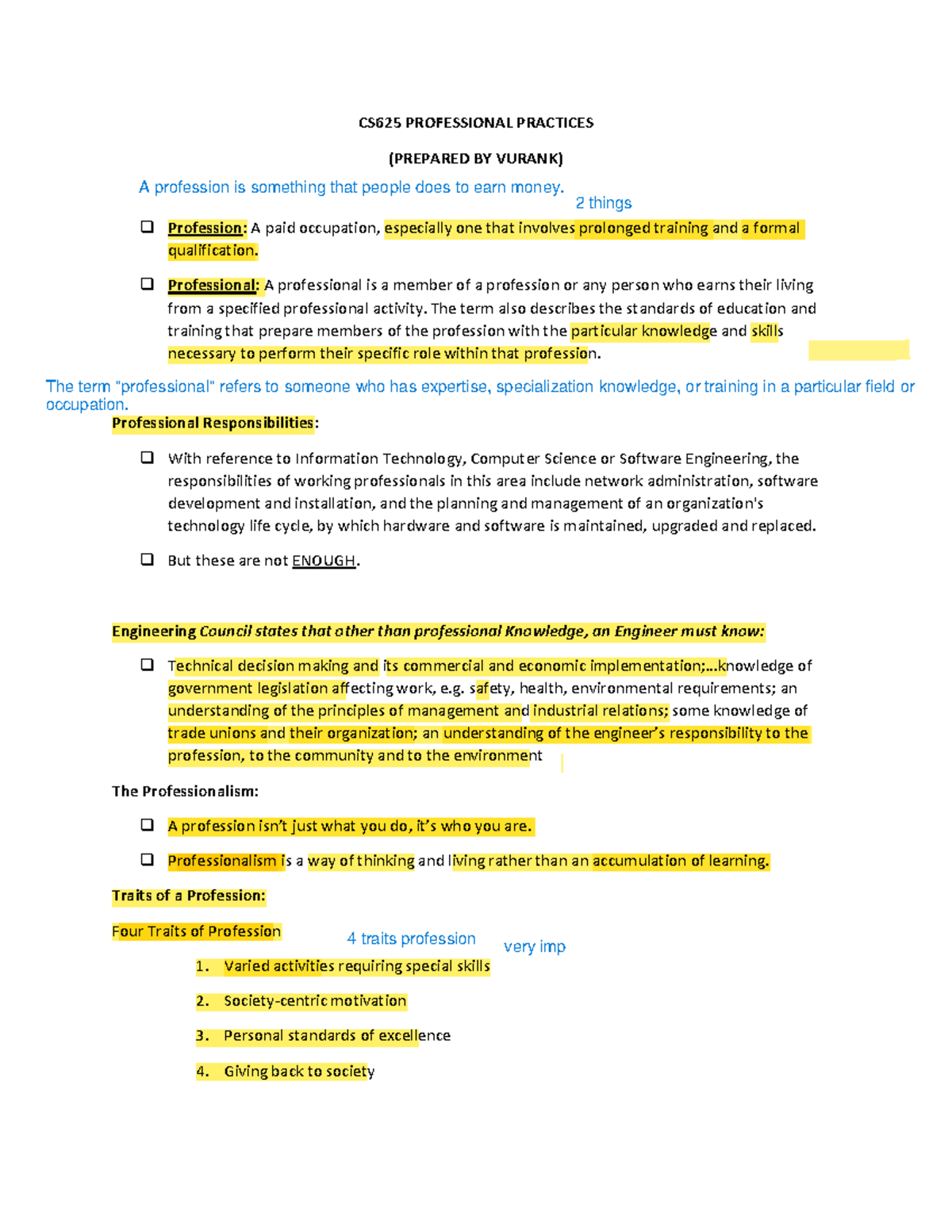CS625 Professional Practices Midterm Notes (Weeks 1-8) - Studocu