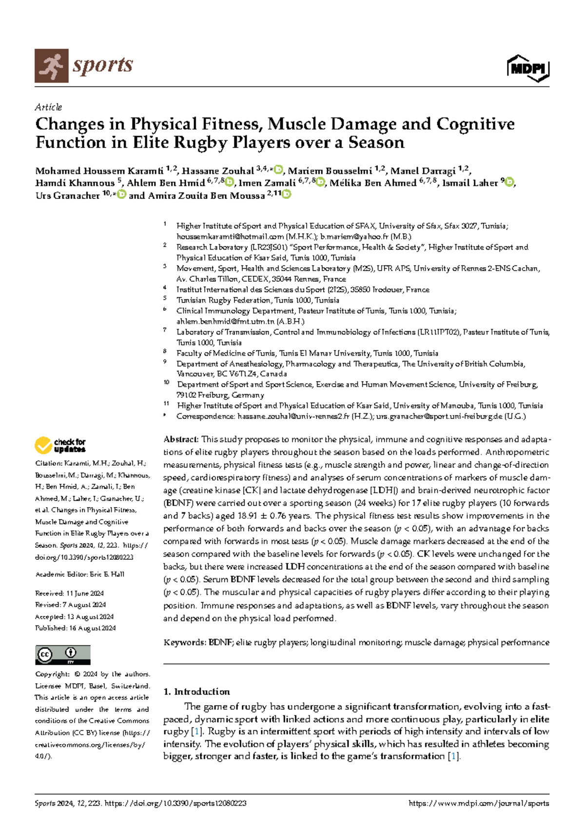 Changes in Physical Fitness, Muscle Damage, and Cognitive Function in ...