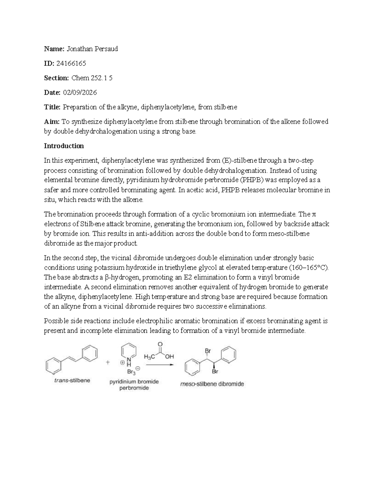 Lab 2: Synthesis of Diphenylacetylene from Stilbene in Chem 252.1 - Studocu
