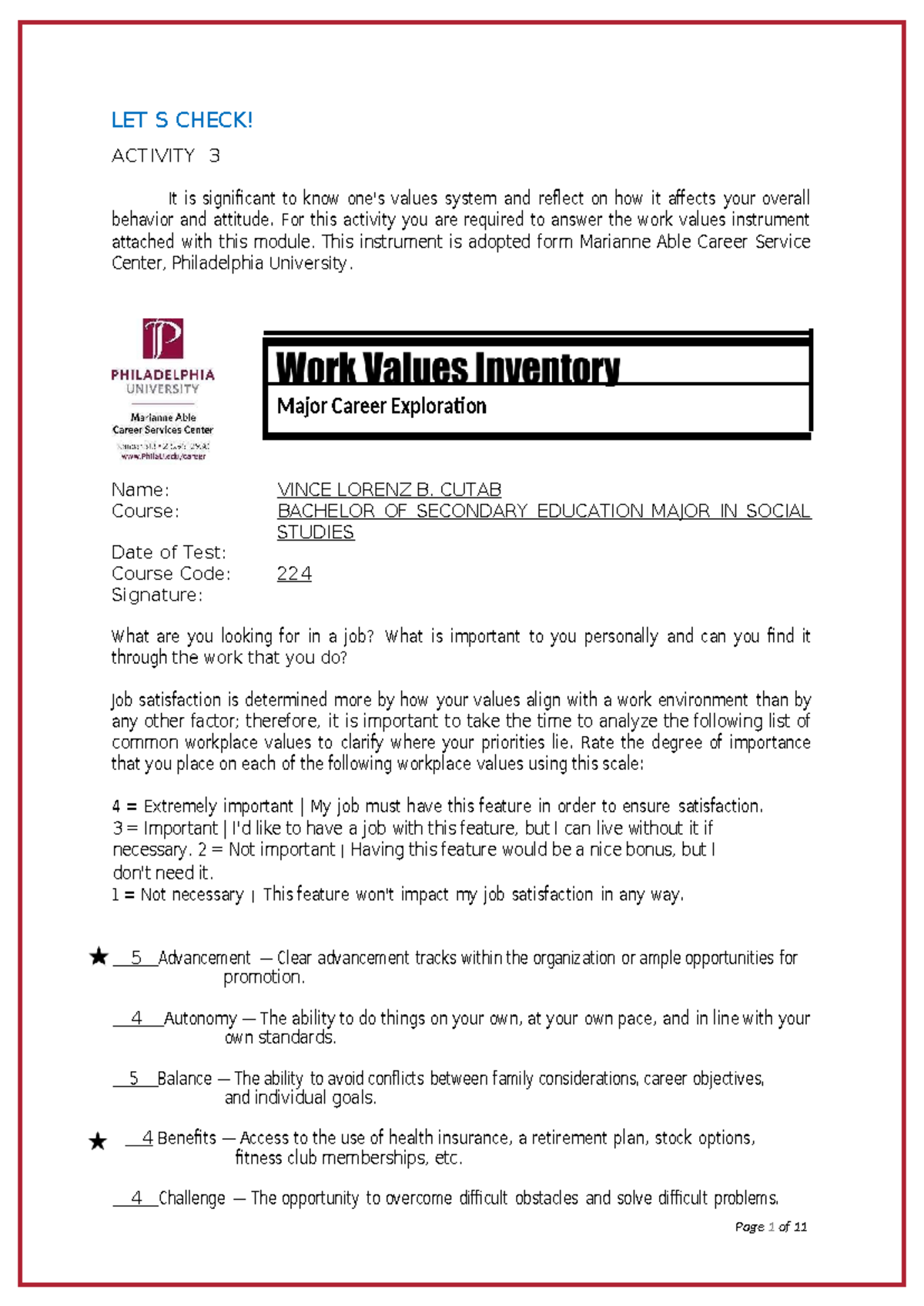 LET'S CHECK! ACTIVITY 3: Analyzing Core Work Values for Career ...
