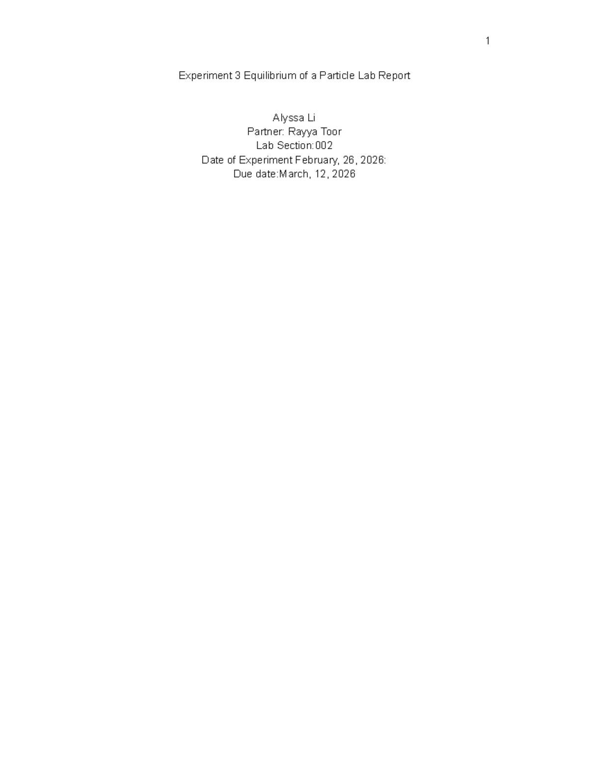 Lab Report: Experiment 3 - Equilibrium of a Particle (Lab Section 002 ...