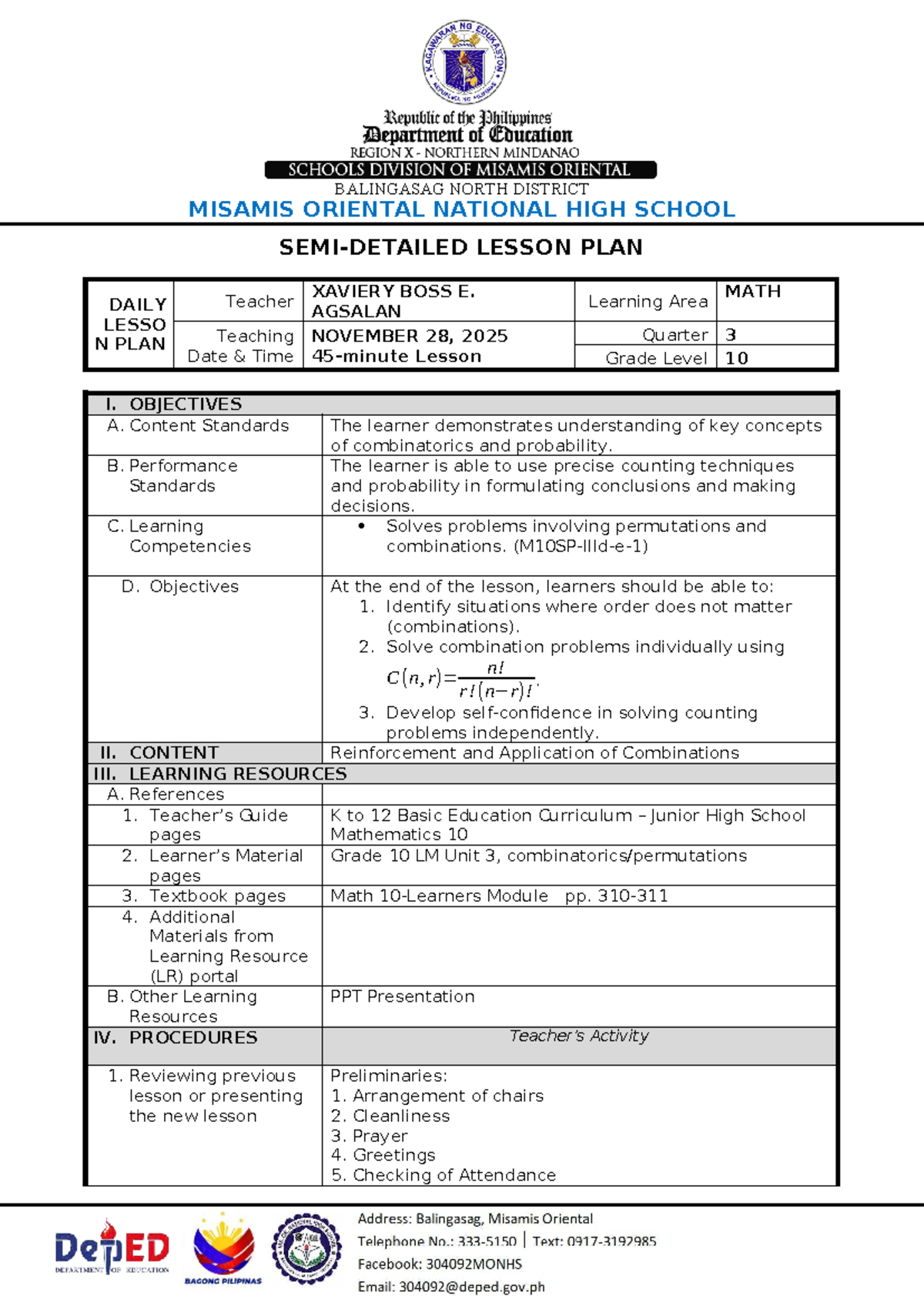 Math 10 Q3 Lesson Plan: Combinations & Probability Concepts - Studocu