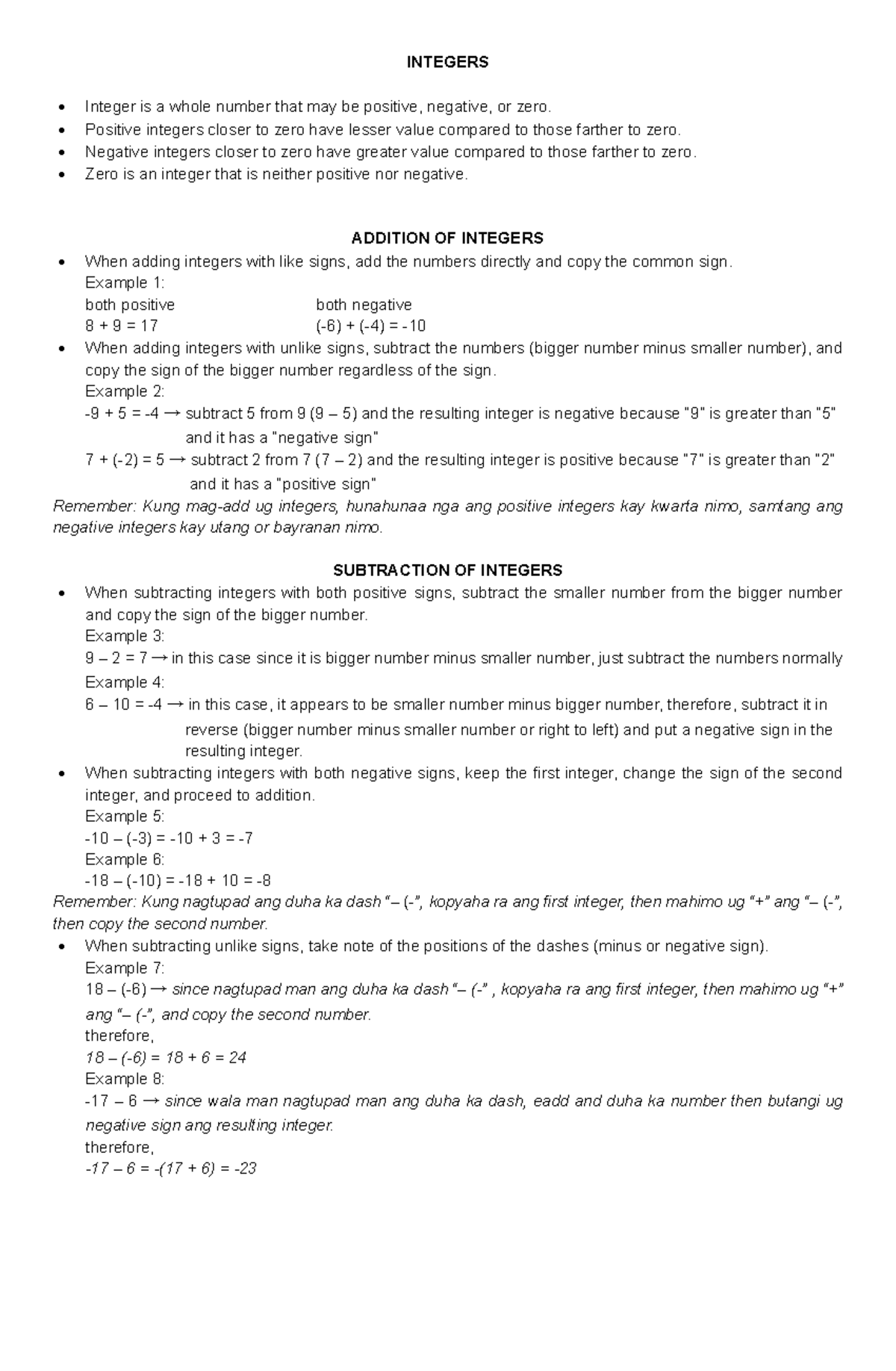 INTEGERS: Addition, Subtraction, Multiplication & Division Notes - Studocu