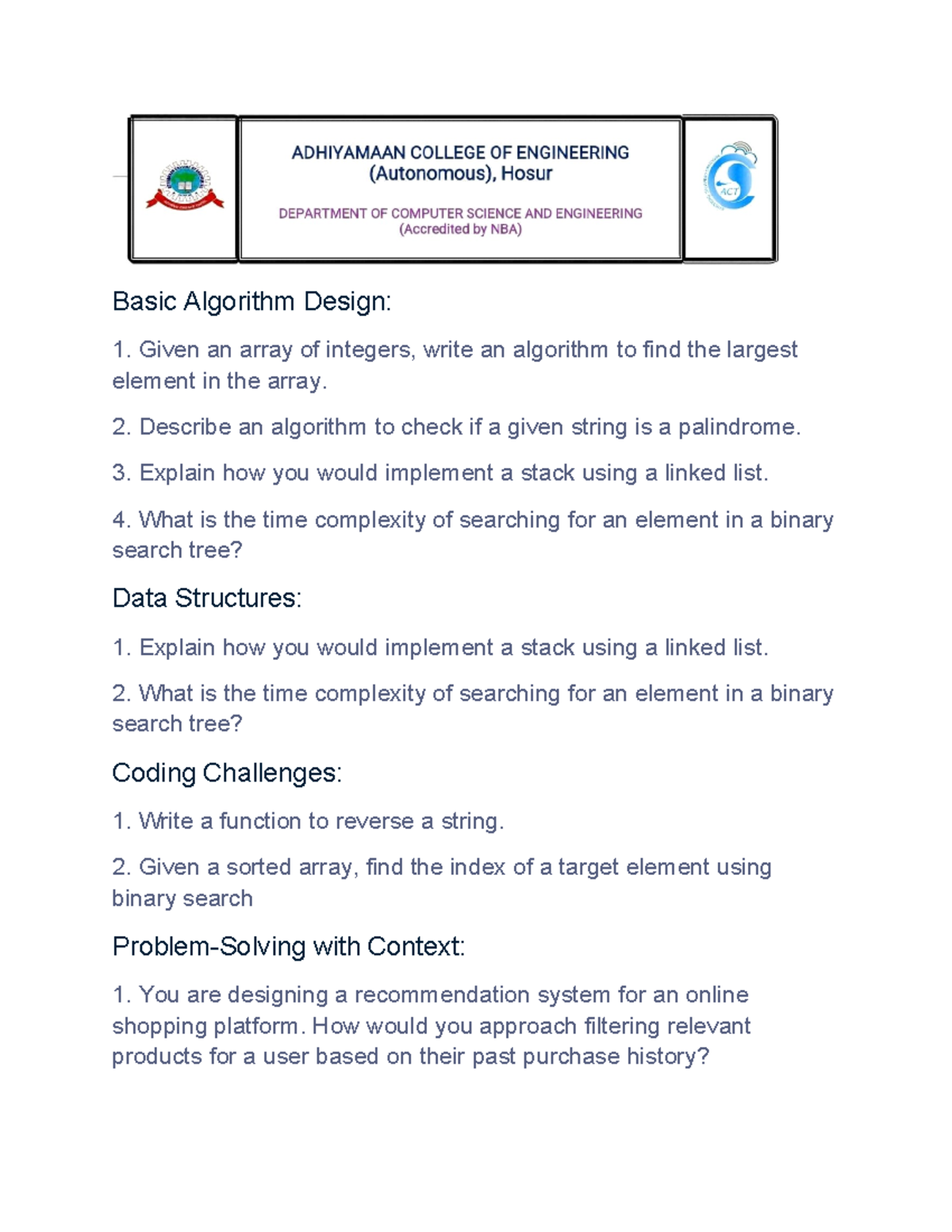 Problem Solving Questions: Algorithms, Data Structures & Coding ...