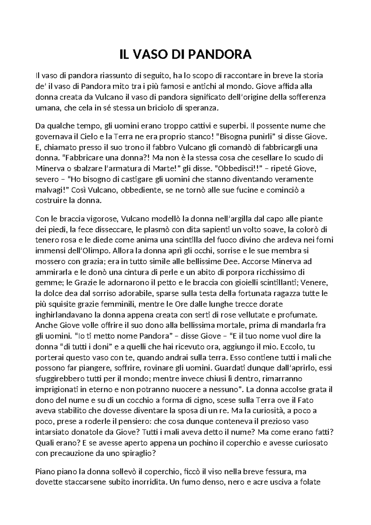 IL VASO DI PANDORA: Riassunto del Mito e Significato - Studocu