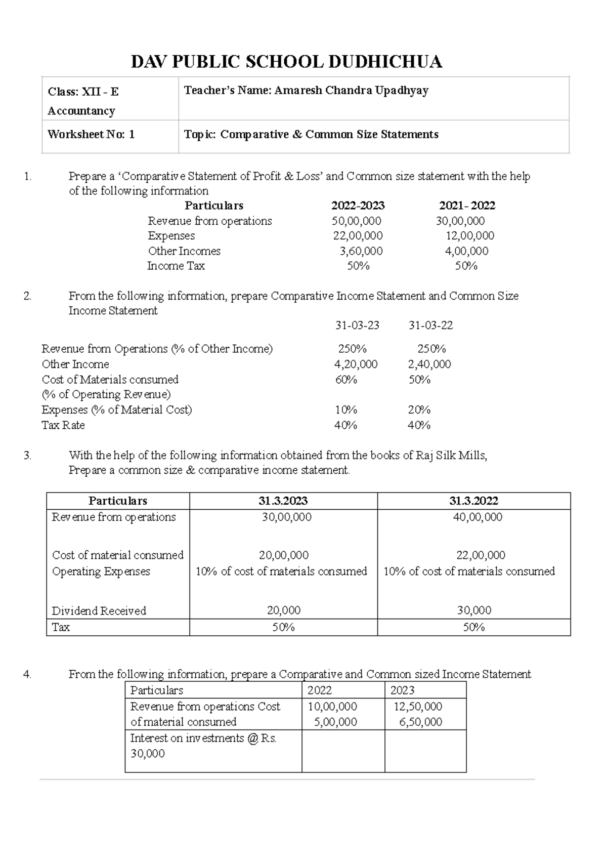 Comparative & Common Size Statements for Accountancy Worksheet XII E ...