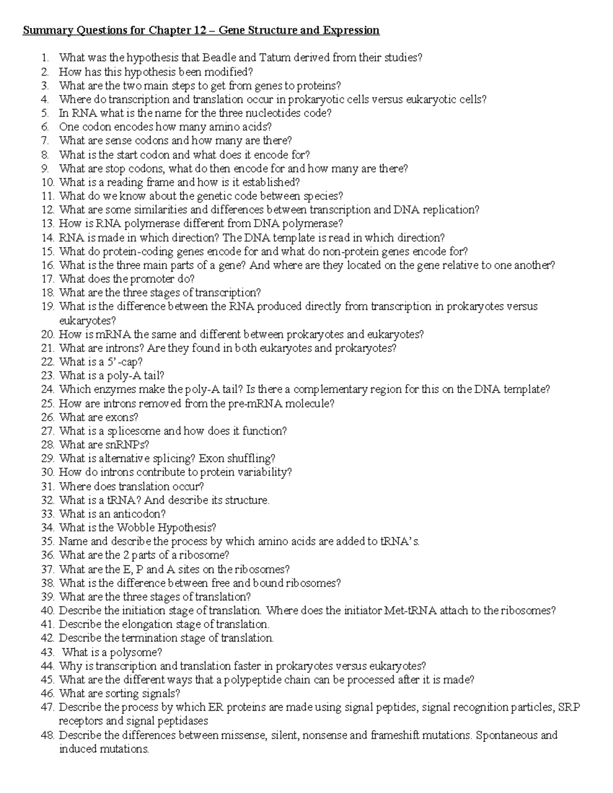 Summary Questions for Chapter 12: Gene Structure & Expression - Studocu