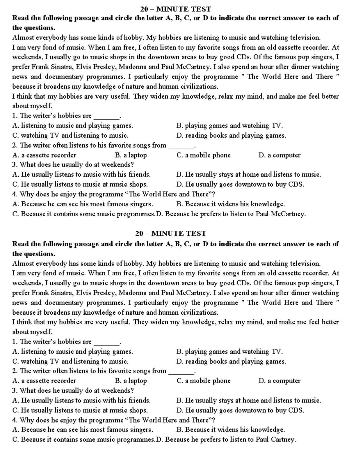 L11 20-Minute Test: Hobbies and Interests - 7 BAN - Studocu
