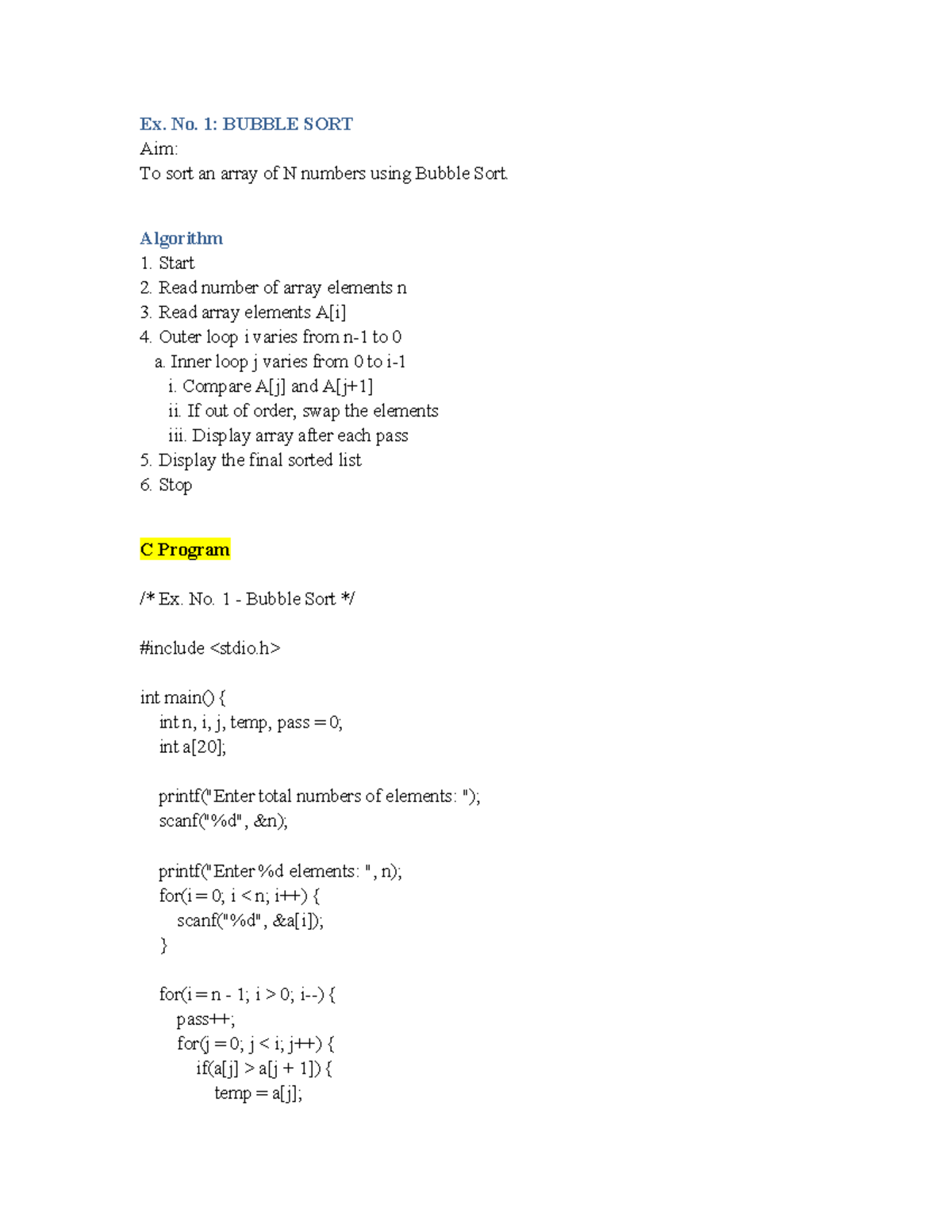 Lab Manual 1: Bubble Sort & Fibonacci Series in C Programming - Studocu