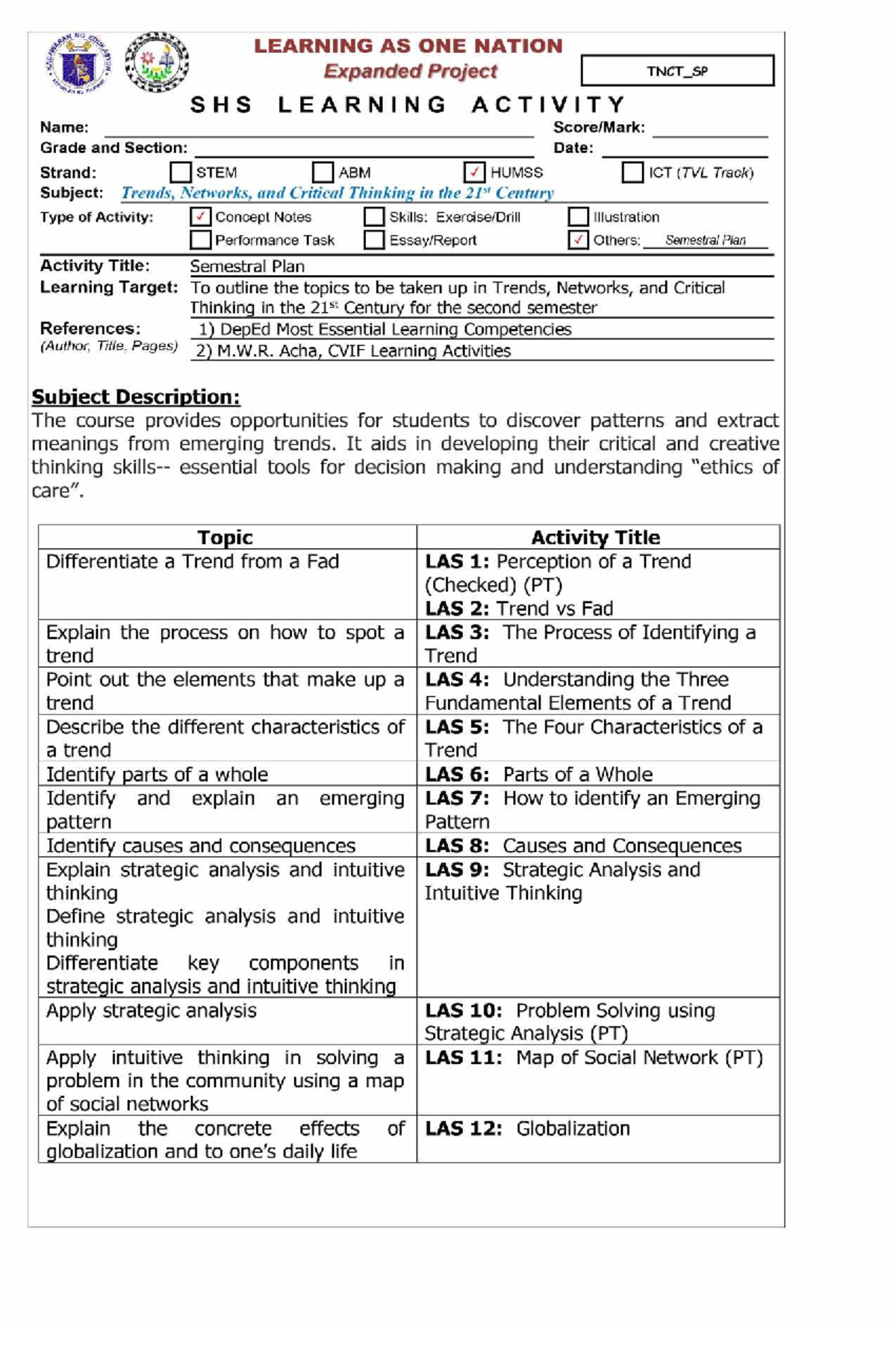 TNCT_SP Semestral Plan: Trends, Networks, and Critical Thinking Mastery ...