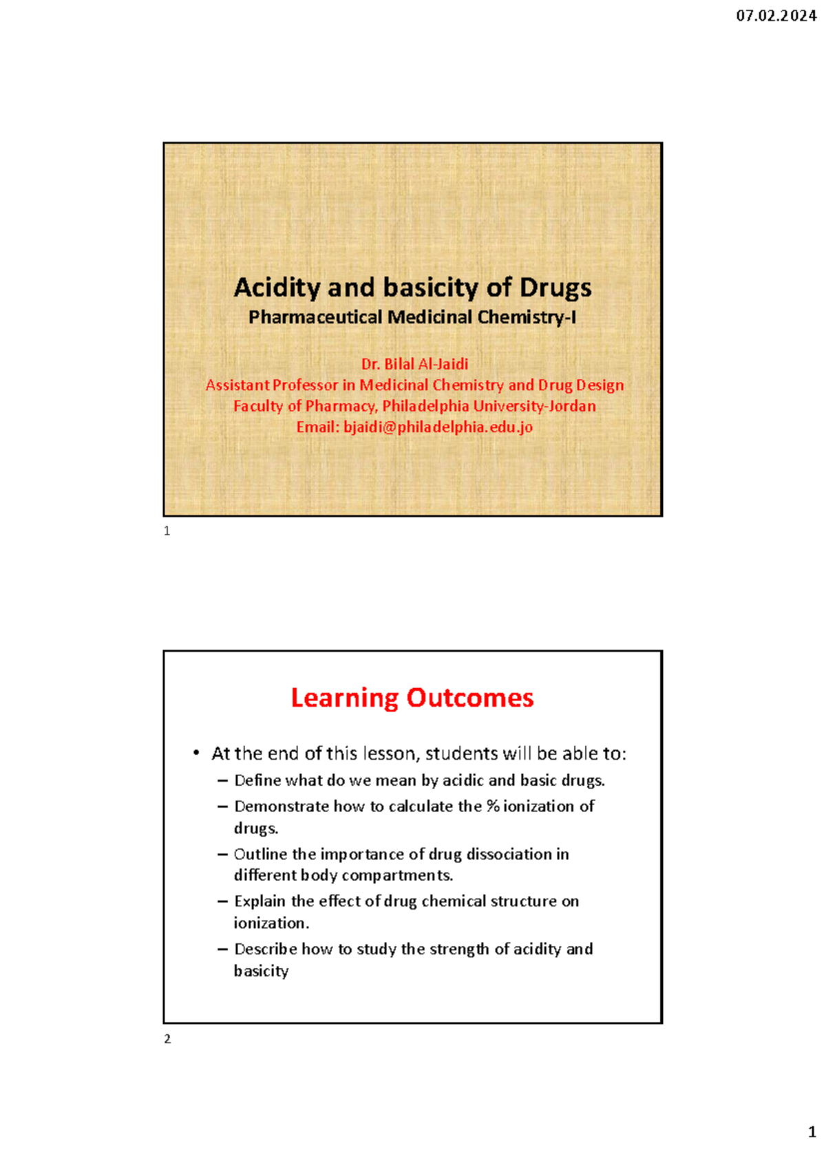 Pharmaceutical Chemistry 07.02.2024: Acidity & Basicity of Drugs - Studocu