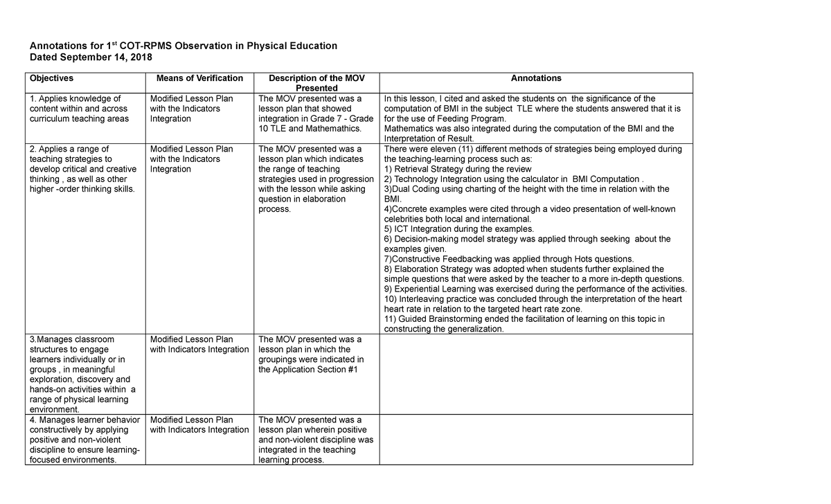 COT-RPMS Observation Annotations in PE: Sample Lesson Plans ...