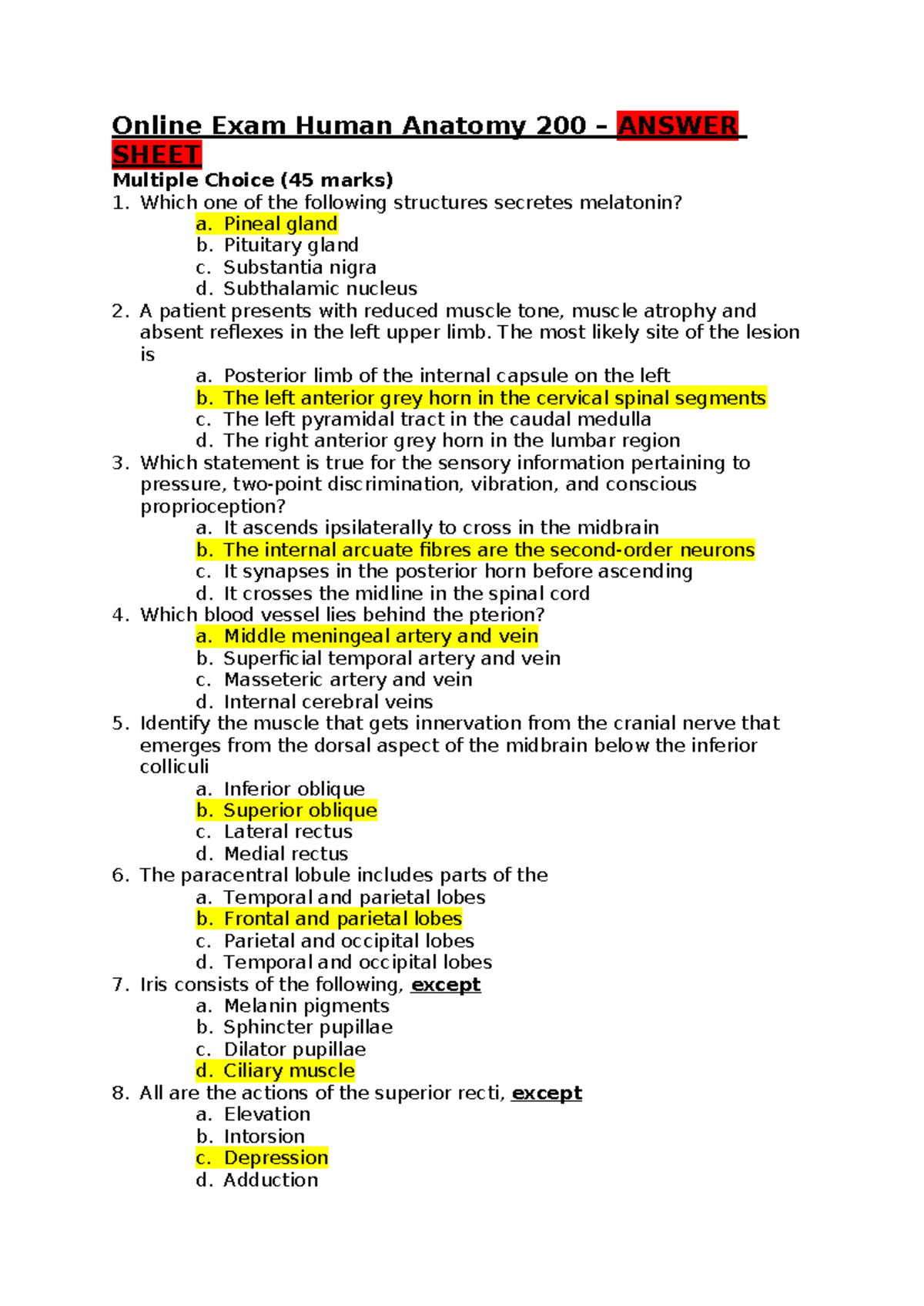 Online Exam Human Anatomy 200 Answer Sheet (45 Marks) - Studocu
