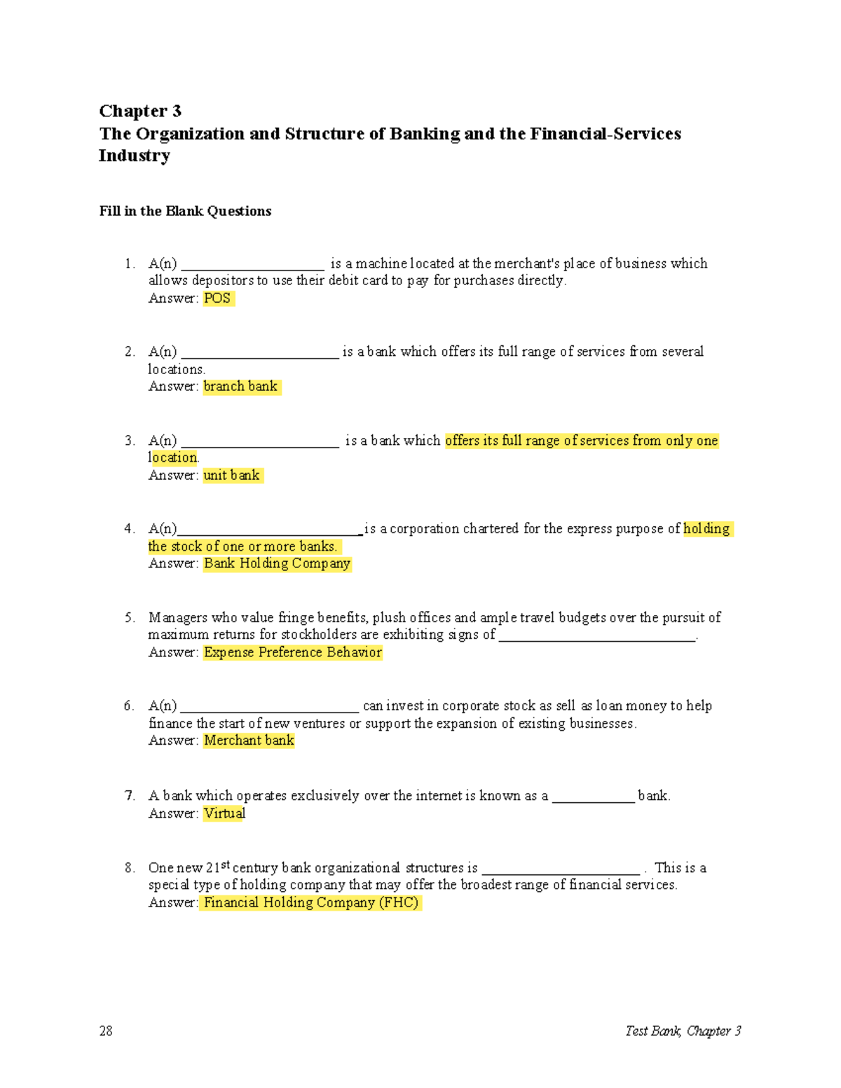 Chapter 3: Organization & Structure of Banking - Fill in the Blanks ...