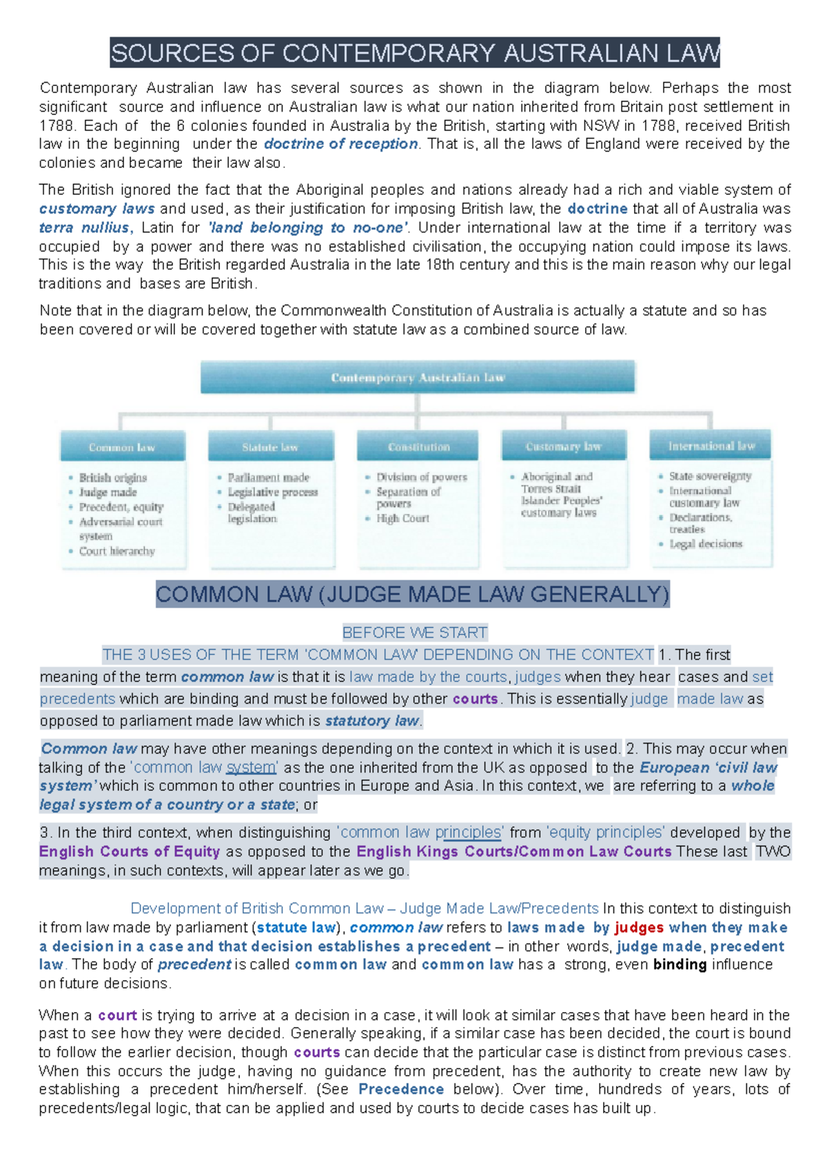 Common Law - Notes and Questions on Australian Law Foundations - Studocu
