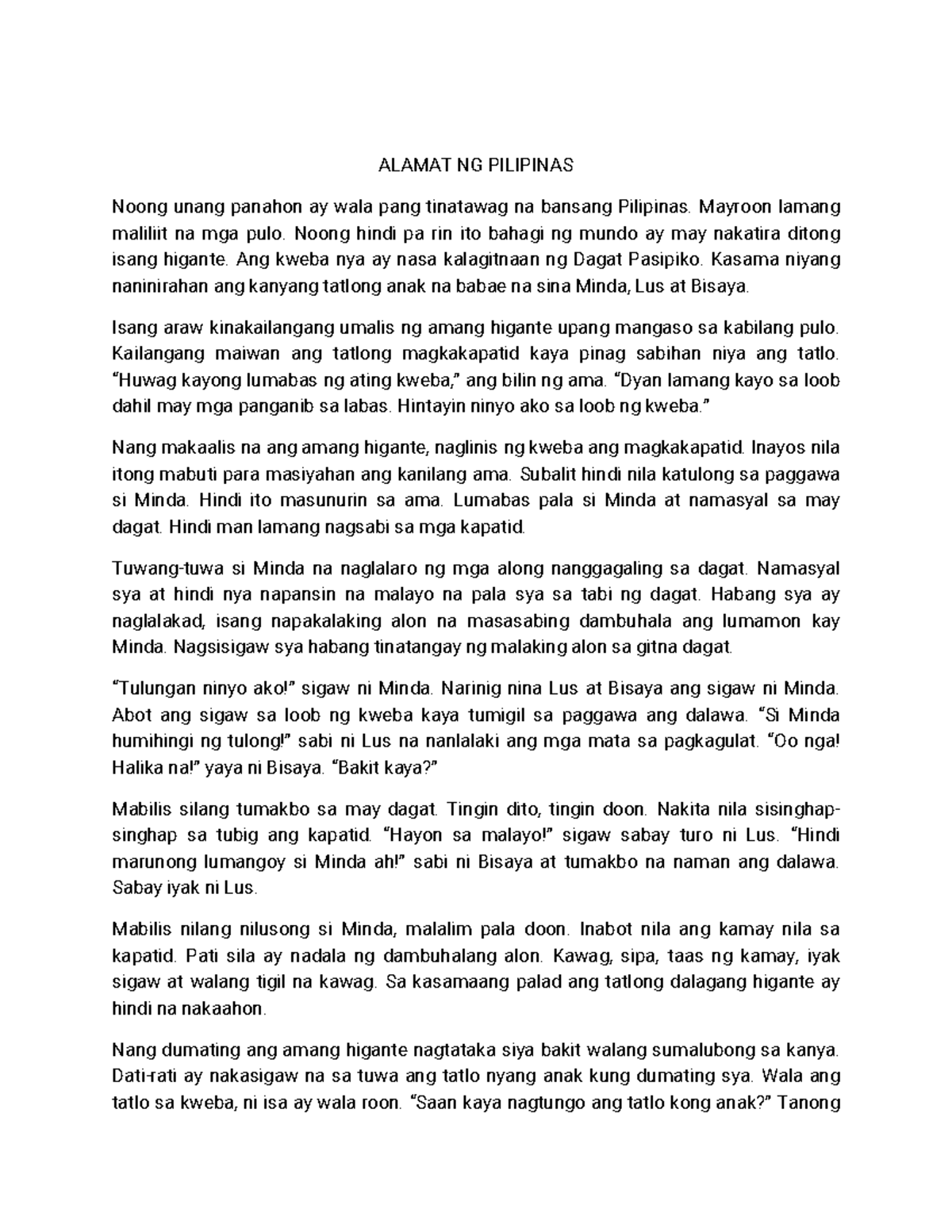 Alamat ng Pilipinas: Kwento ng Higante at kanyang mga Anak - Studocu
