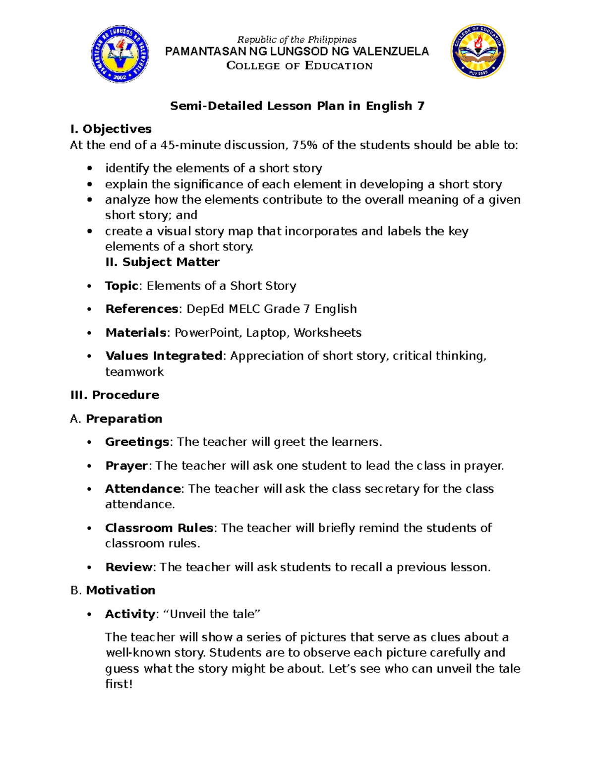 Elements of short story lesson plan - PAMANTASAN NG LUNGSOD NG ...