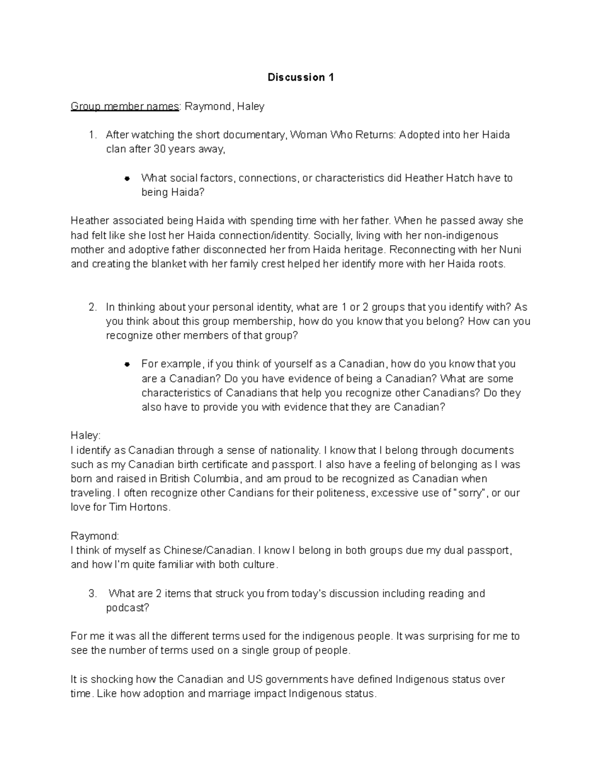 Discussion Questions - Notes for Class Discussion on Identity - Studocu