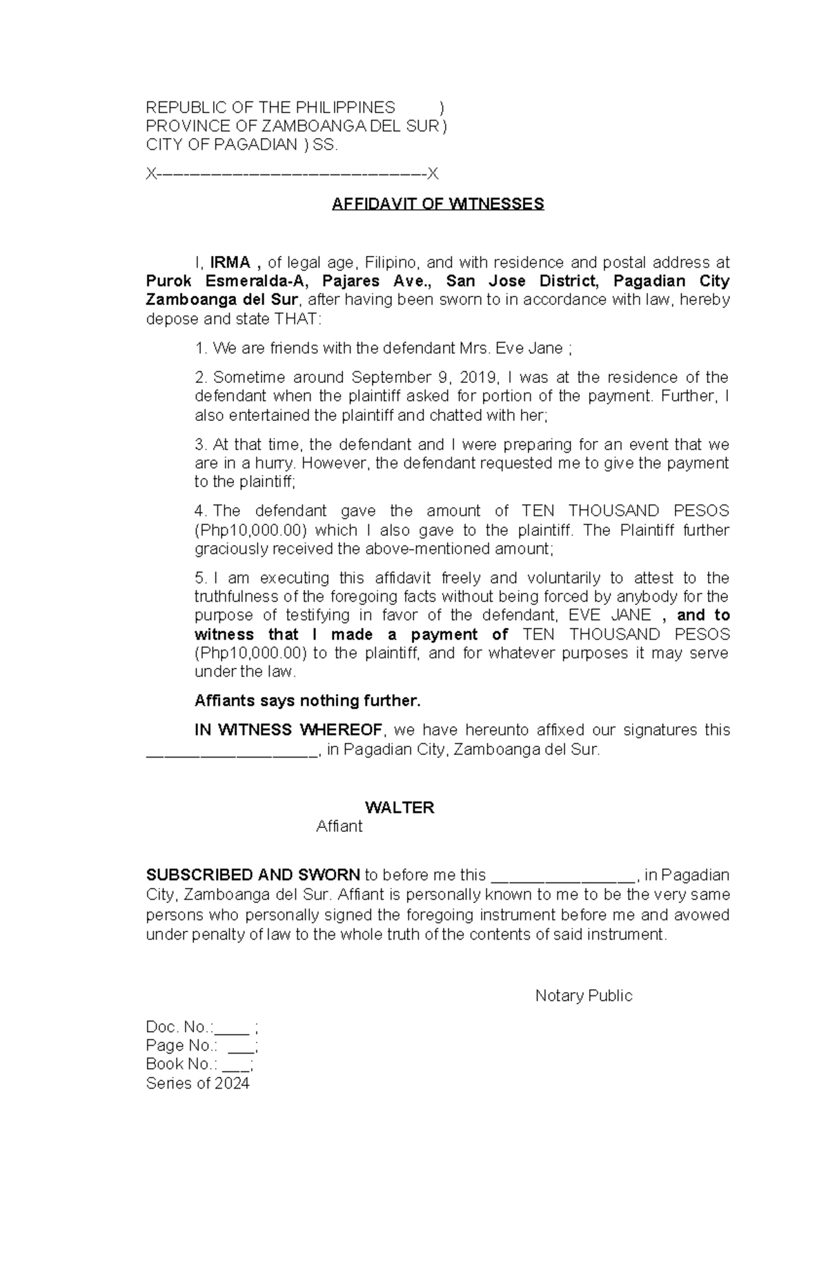 Joint Affidavit of Witnesses in Pagadian City, Zamboanga del Sur - Studocu