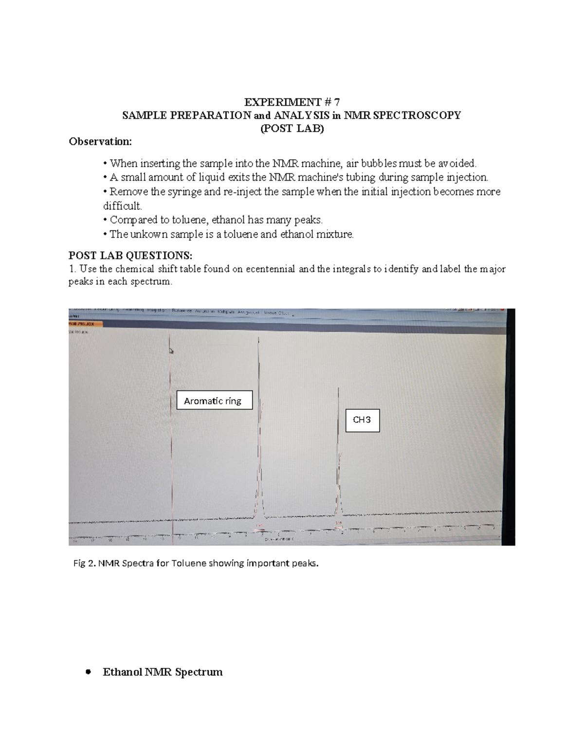NMR Post Lab Analysis and Observations for Chem 320 - Studocu