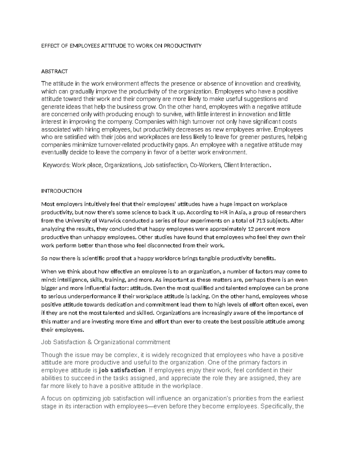 HR Project Draft: Impact of Employee Attitude on Productivity - Studocu