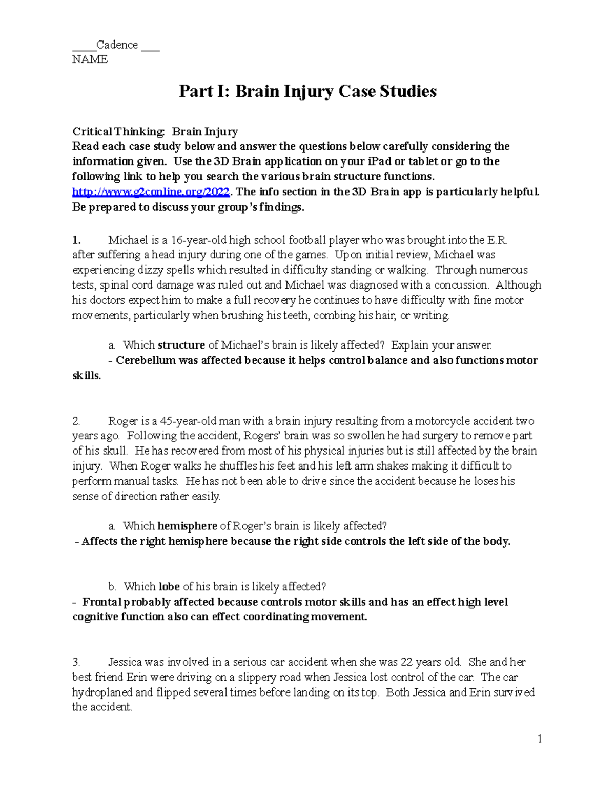 Brain Injury Case Studies: Critical Thinking and Analysis - Studocu