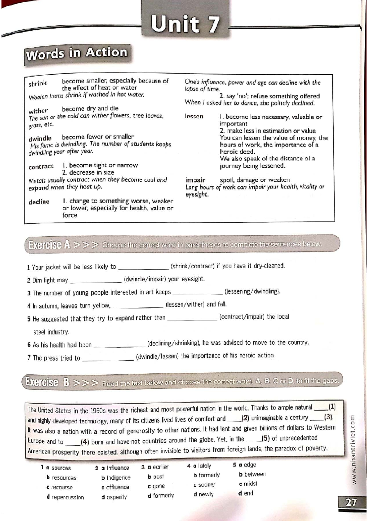 Unit 7 Vocabulary Development & Exercises for Advanced Learners - Studocu