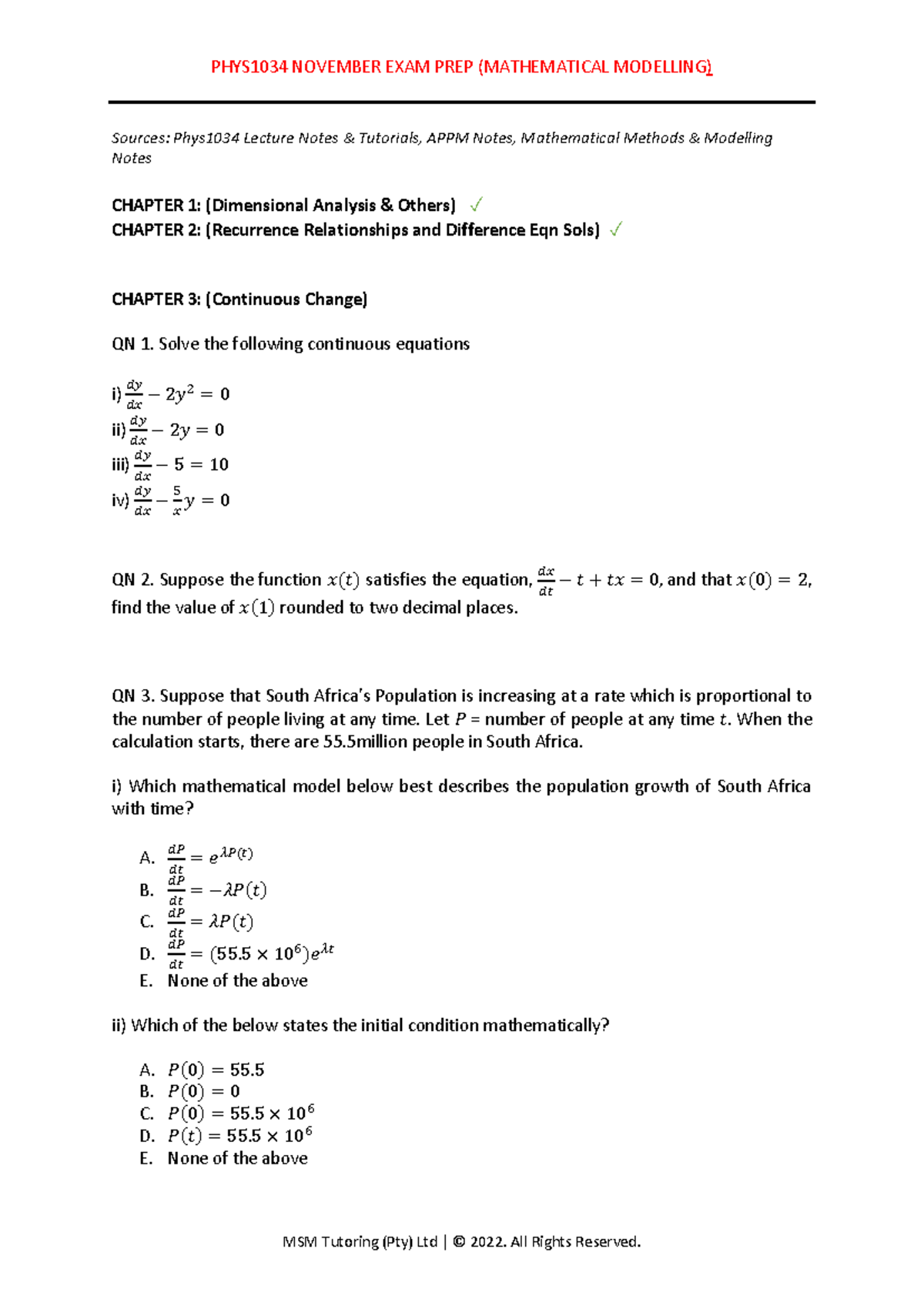 Mathematical Modelling PHYS1034 Midterm Prep Notes & Questions - Studocu