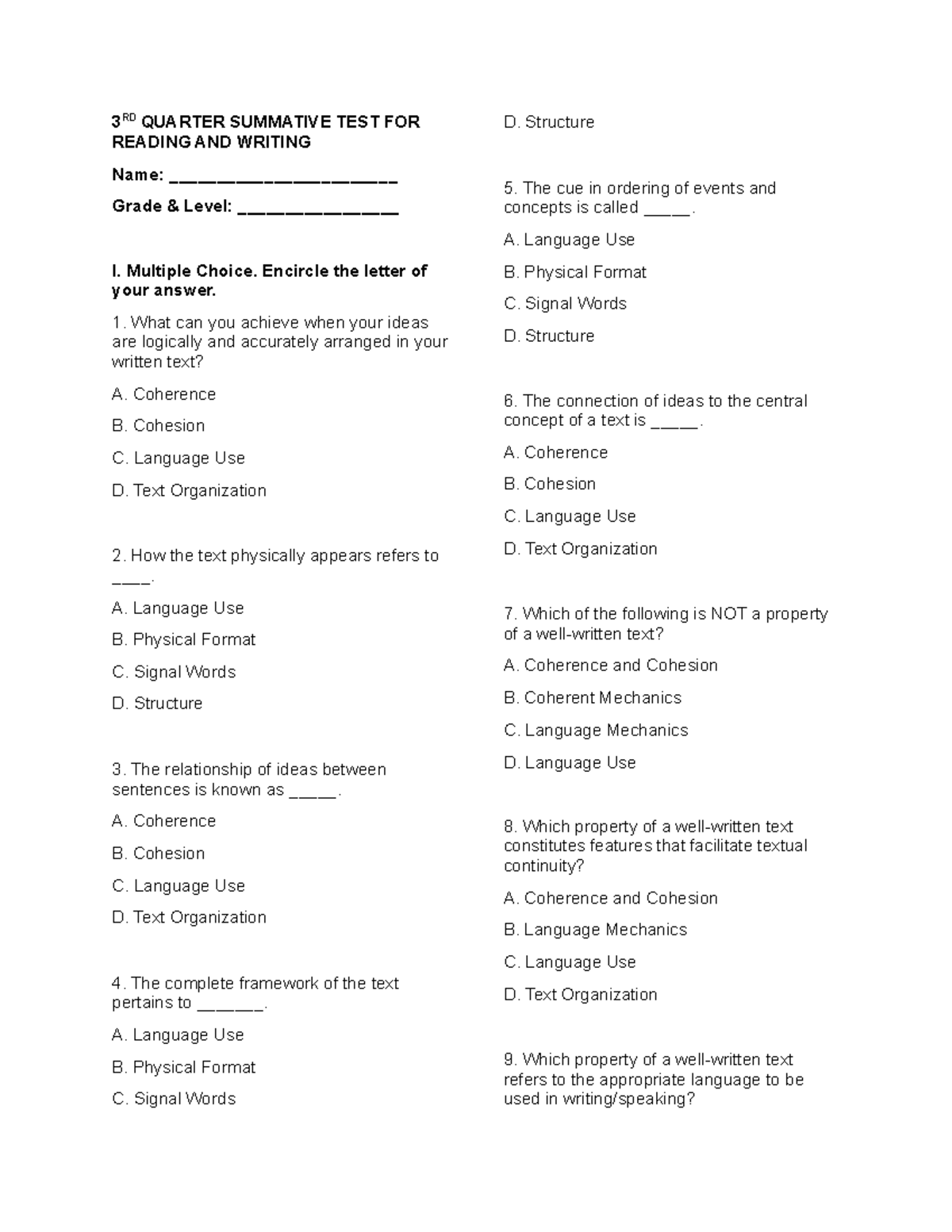 3RD Quarter Summative TEST FOR Reading AND Writing - 3 RD QUARTER ...