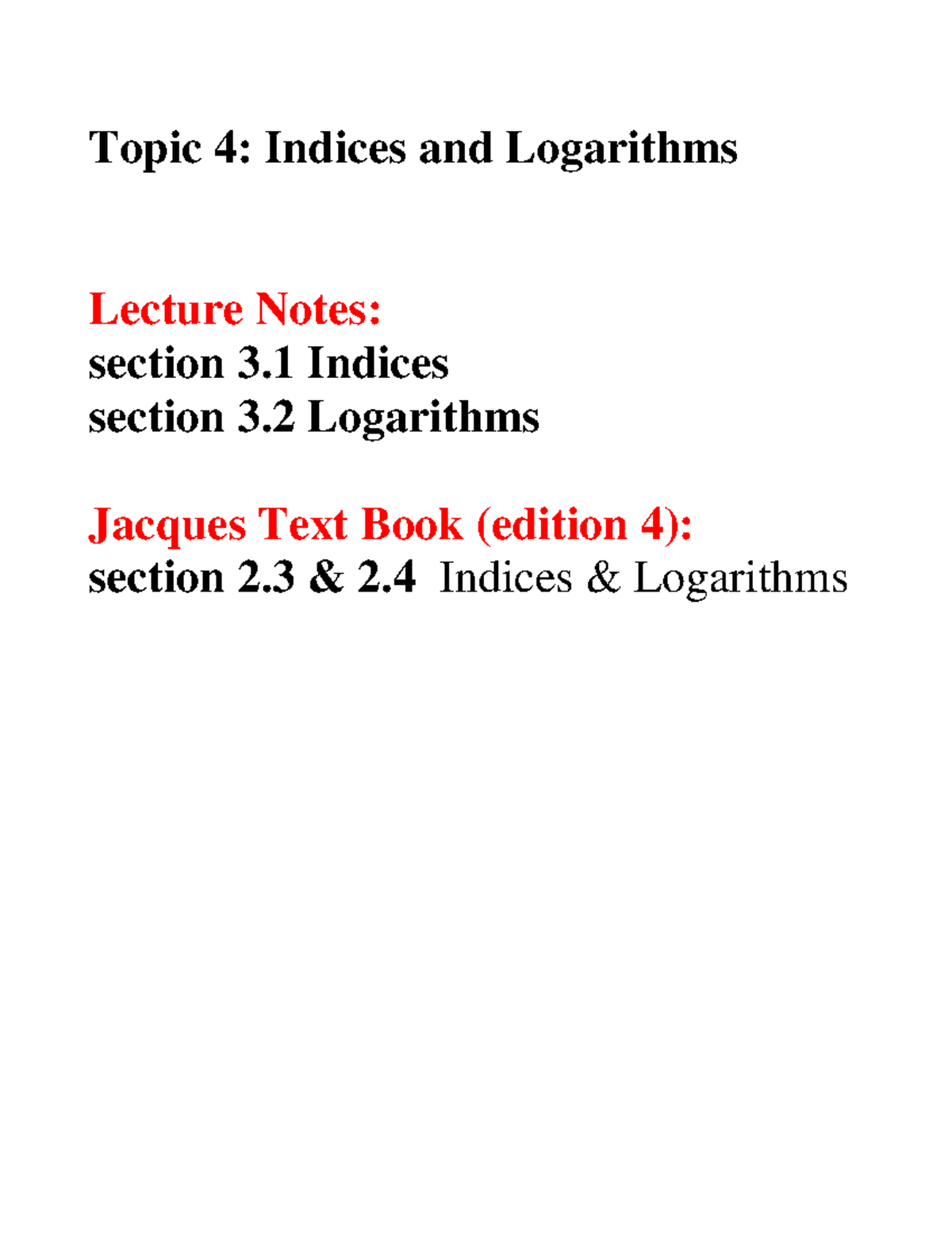 Indices and Logarithms Lecture Notes (Math 101) - Studocu