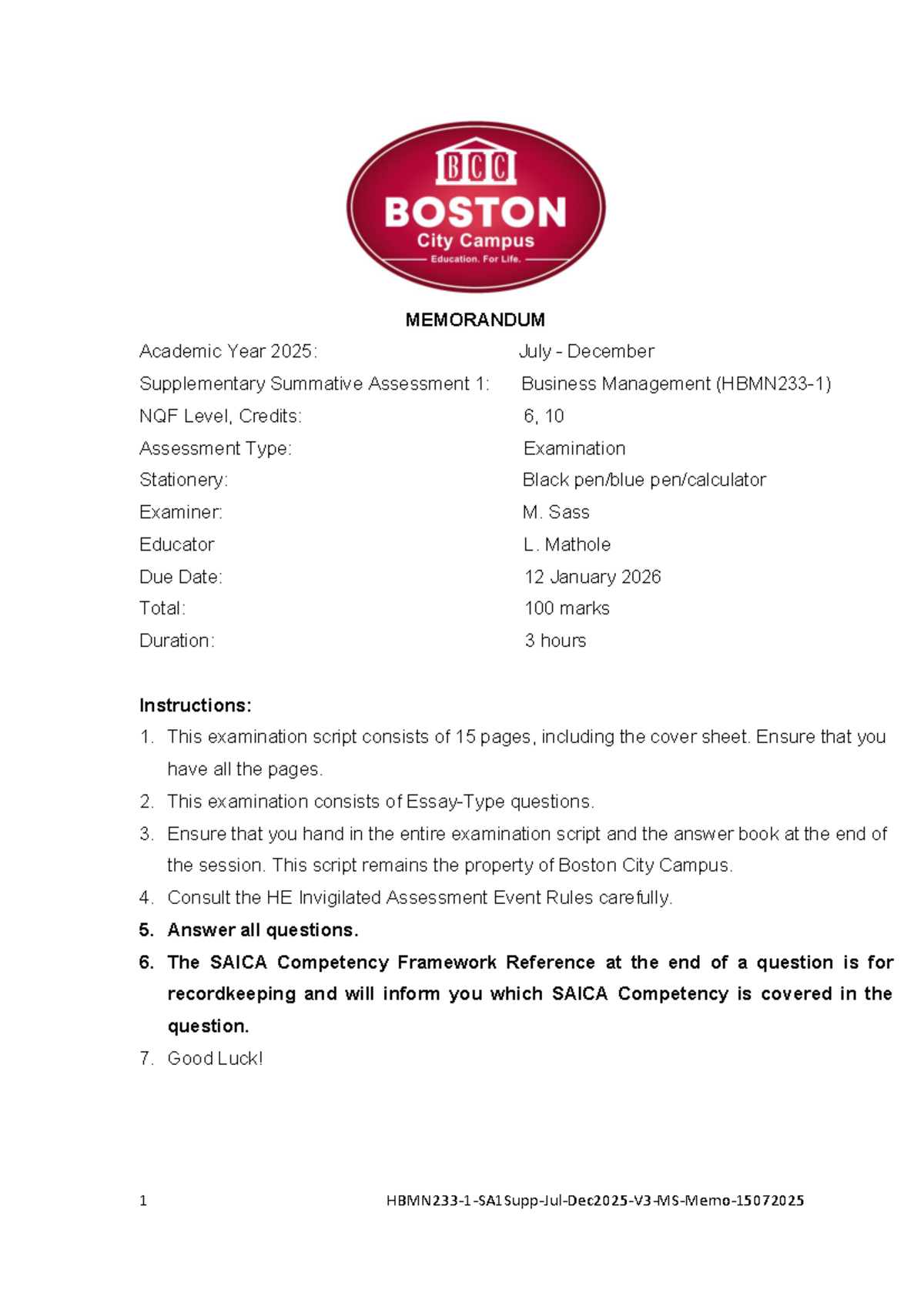 HBMN233 July-Dec 2025 Supplementary Exam Memo: Business Management ...