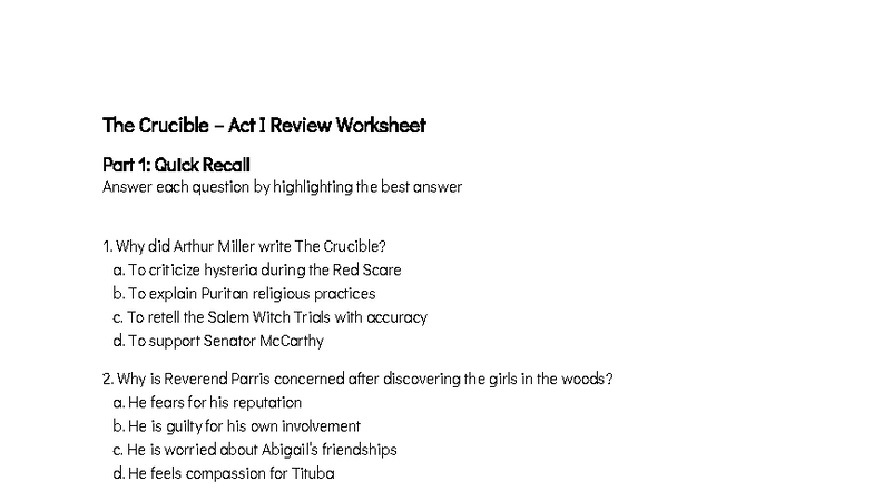Jair Martinez - The Crucible (ENG 101) Act I Review Worksheet - Studocu