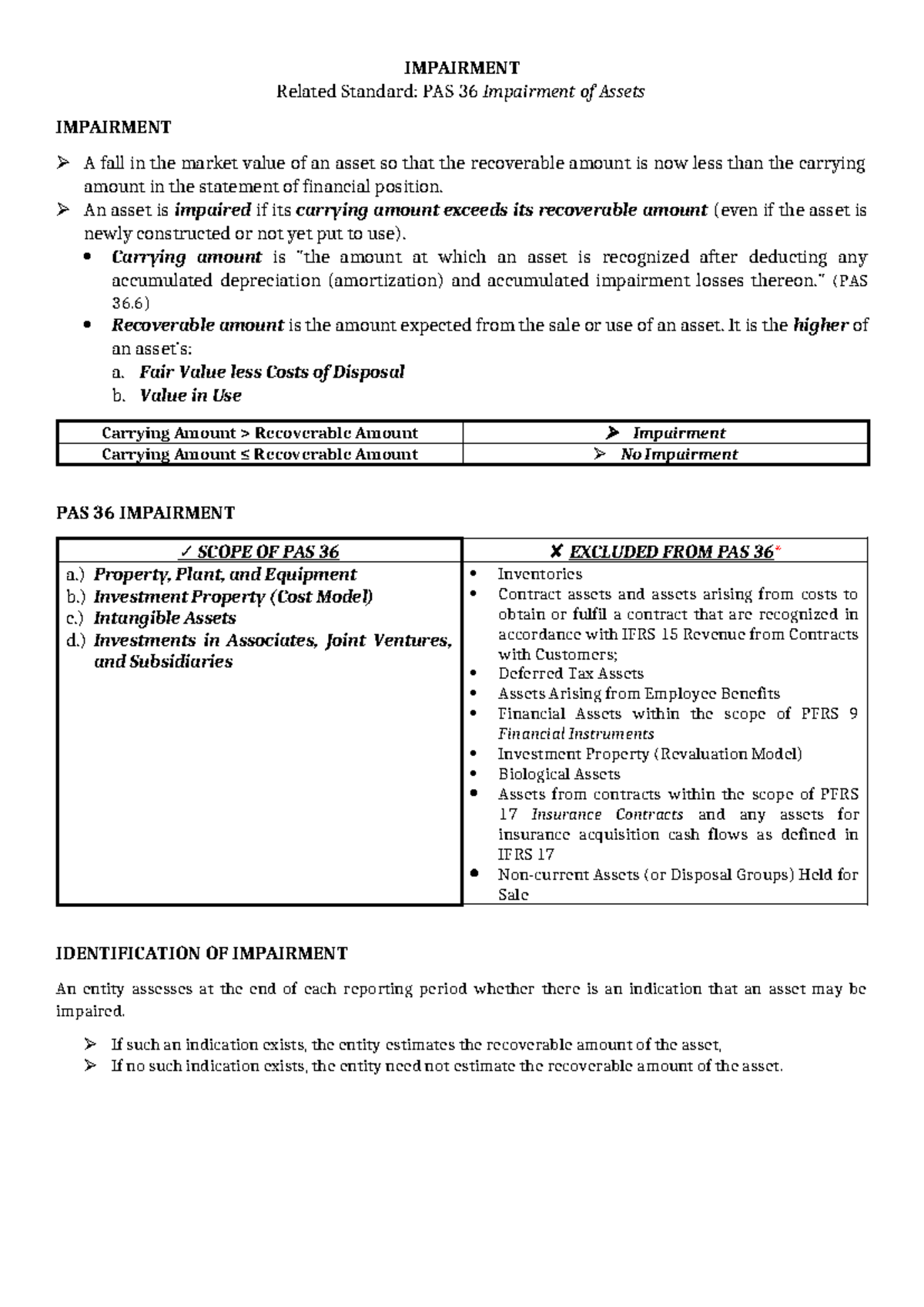 PAS 36: Impairment of Assets - Key Concepts and Guidelines - Studocu