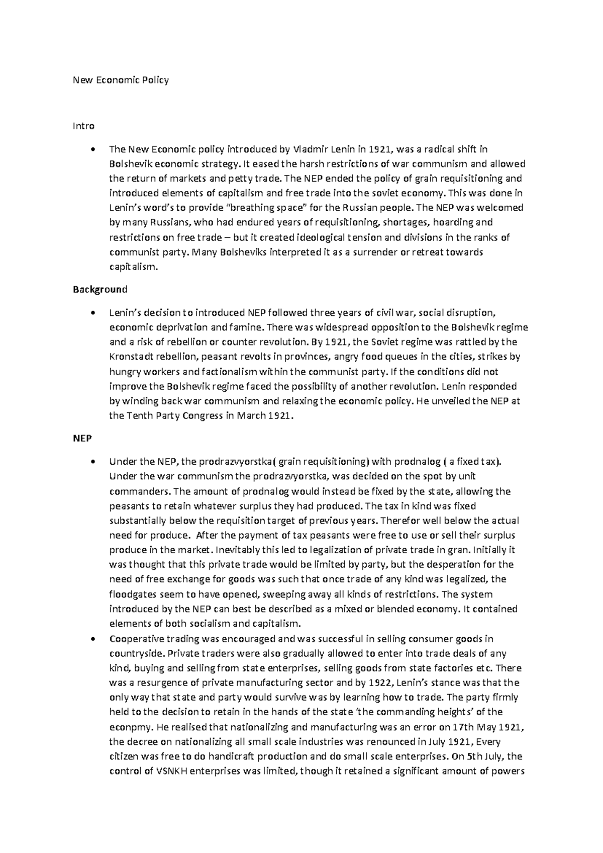NEP: Analyzing the Economic Shifts in Lenin's USSR (1921-1929) - Studocu