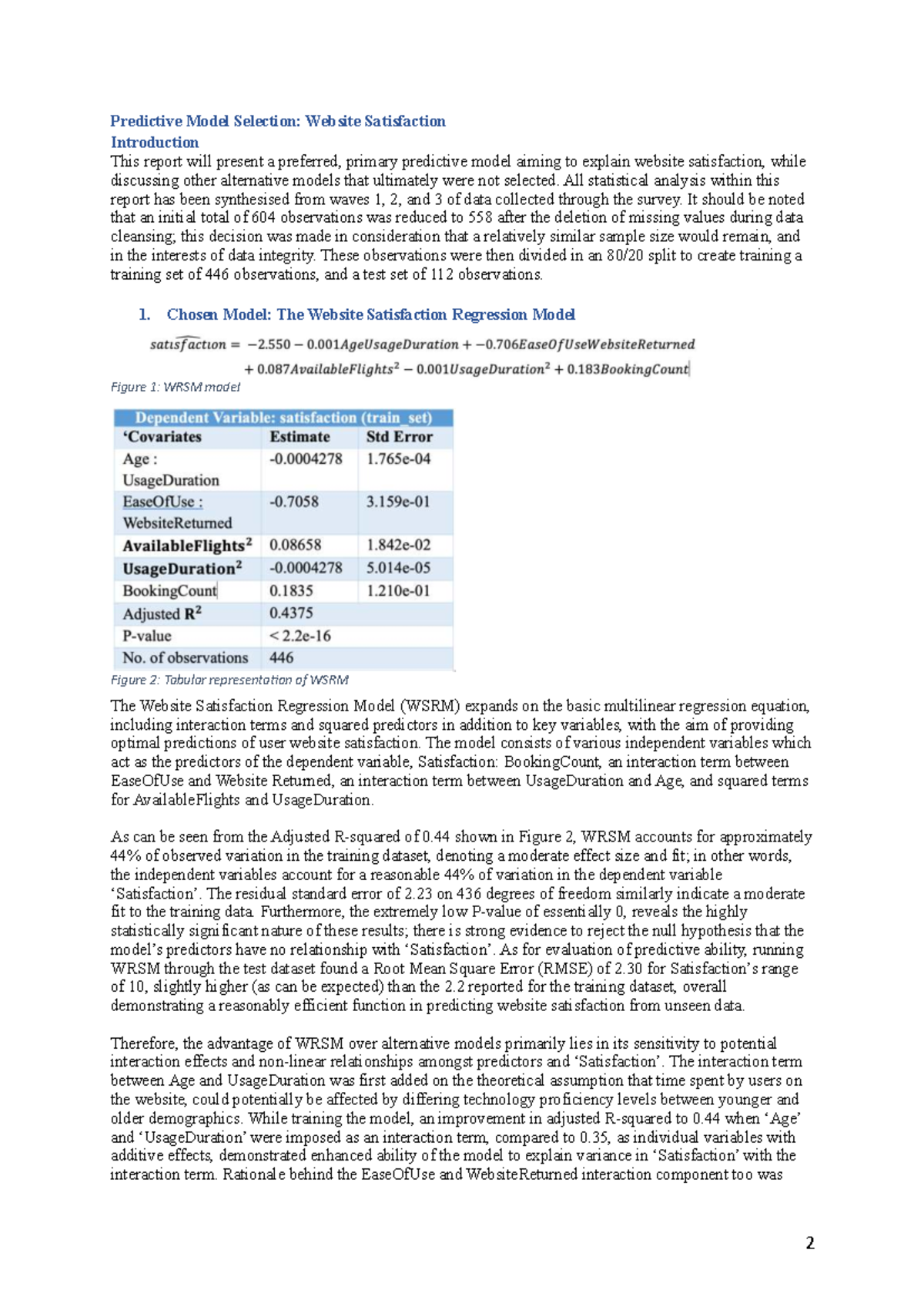Website Satisfaction Regression Model Analysis: COMM1190 Report - Studocu