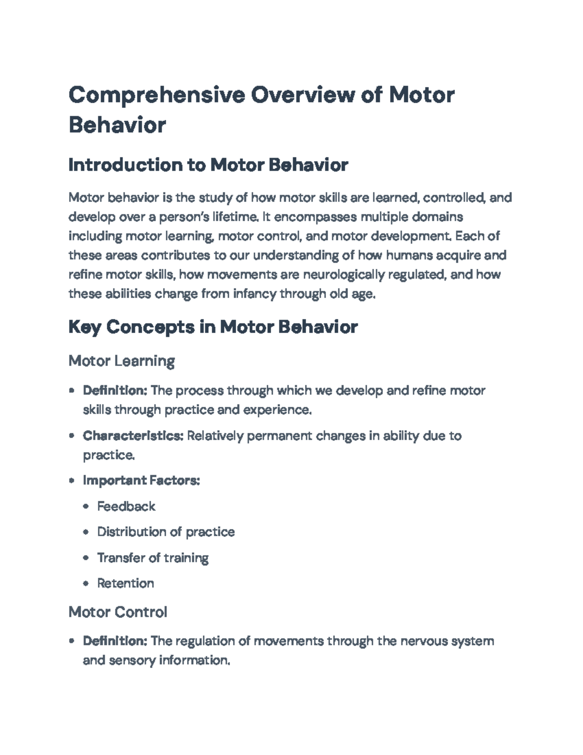 Comprehensive Overview of Motor Behavior for Course Code XYZ123 ...