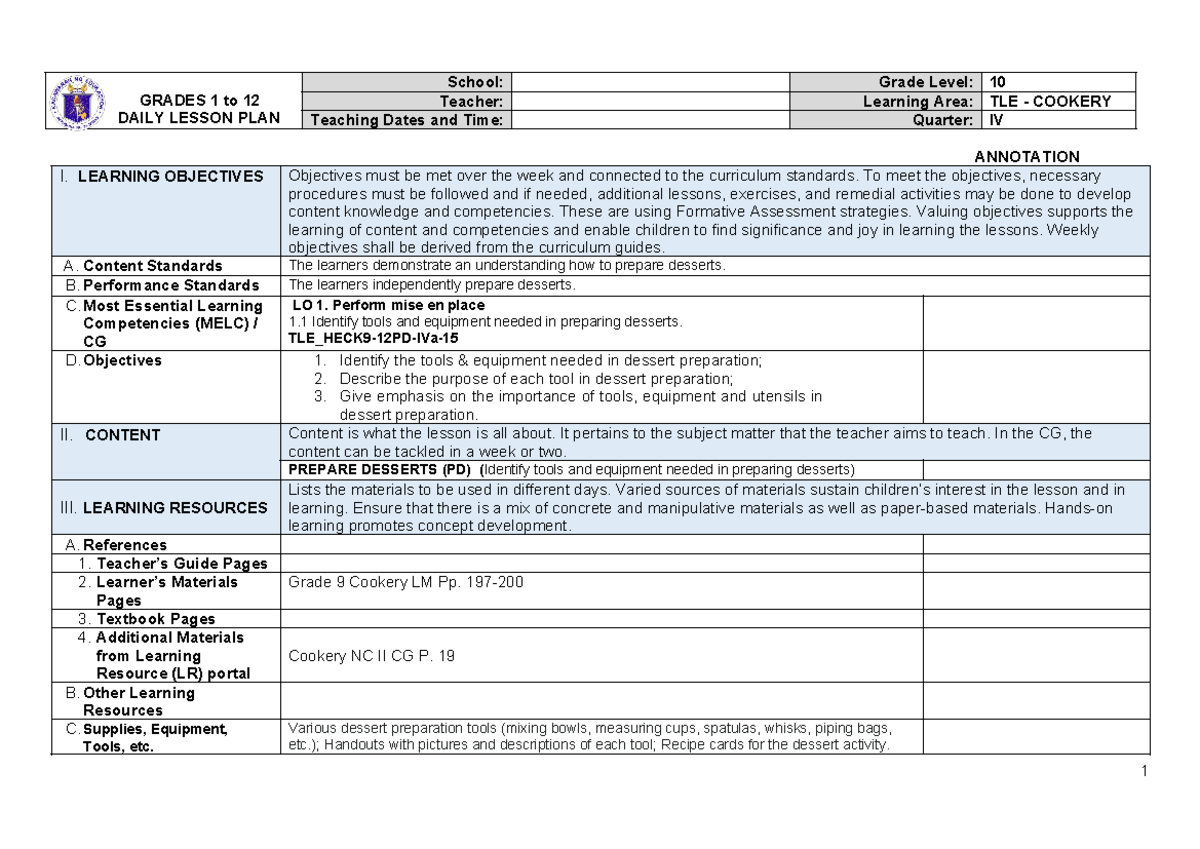 Cookery 9 Q4 tools & Equipt - GRADES 1 to 12 DAILY LESSON PLAN School ...