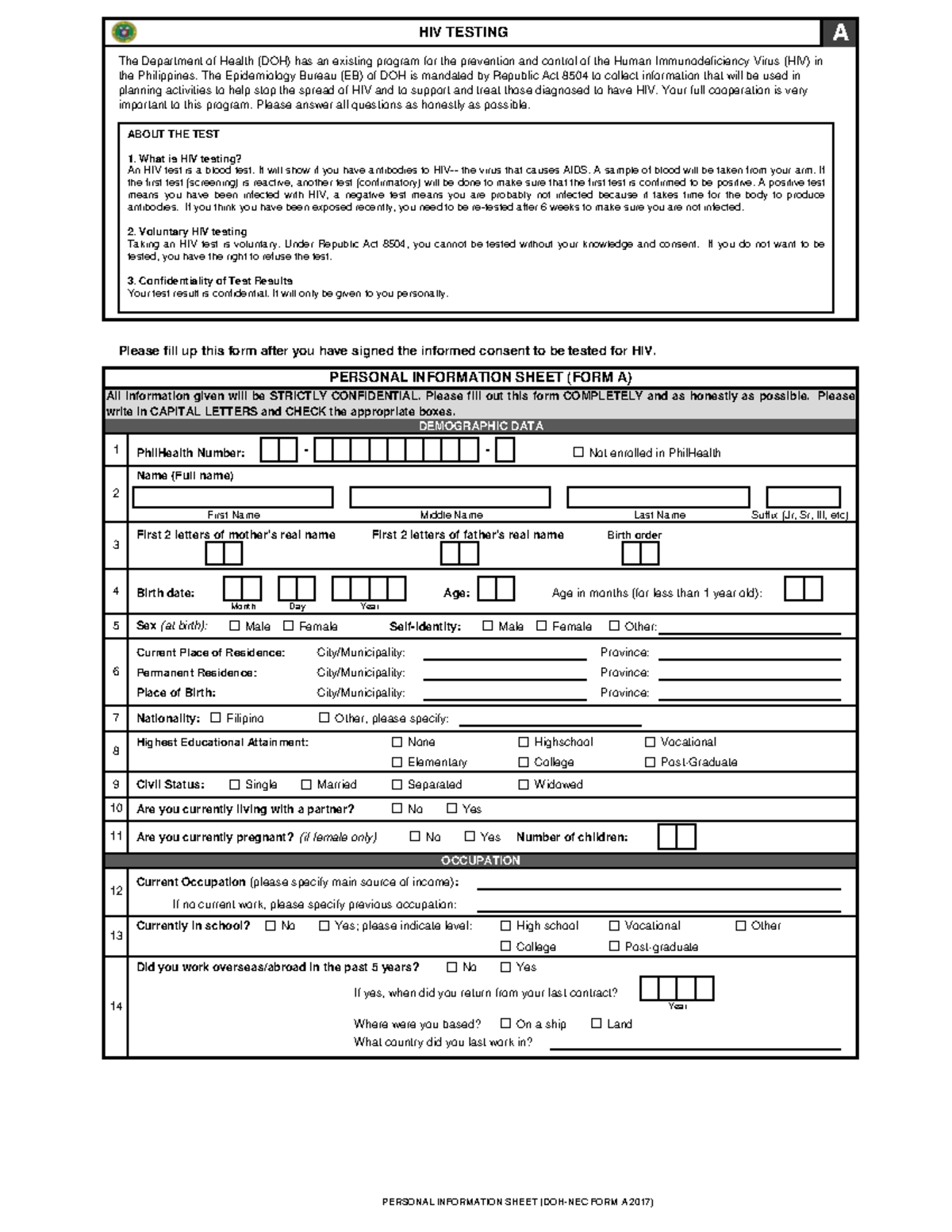 DOH-NEC FORM A 2017 - Personal Info Sheet for HIV Testing - Studocu