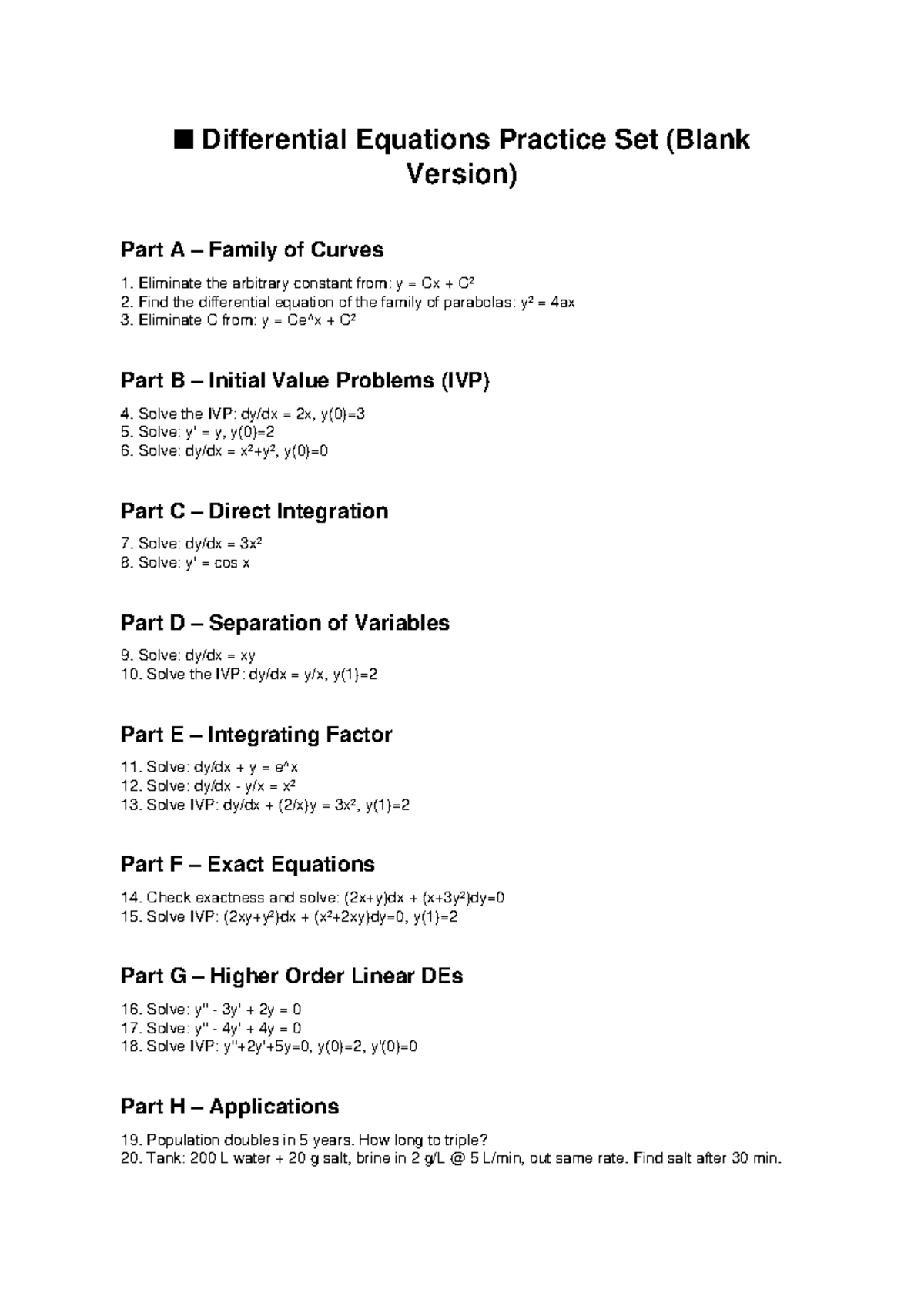 Differential Equations Practice Set (DE 101) - Blank Version - Studocu