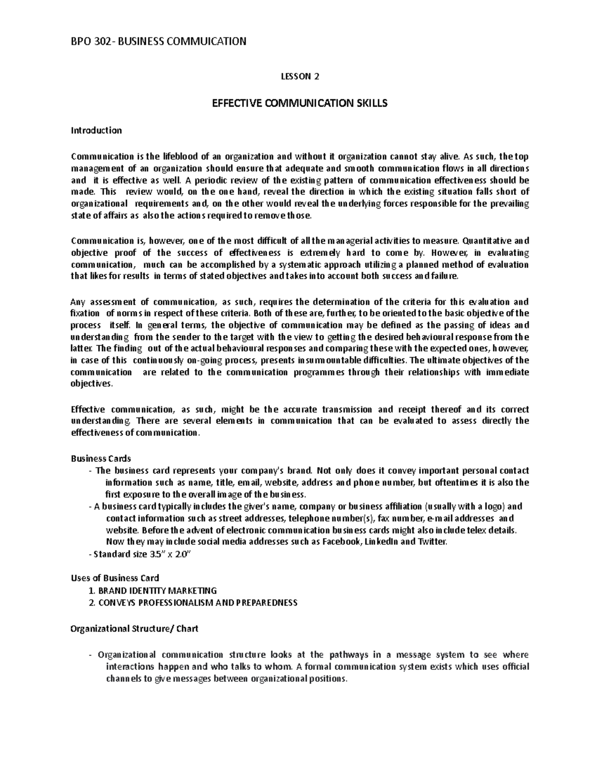 BPO 302- Effective Communication Skills: Lesson 2 Overview - Studocu