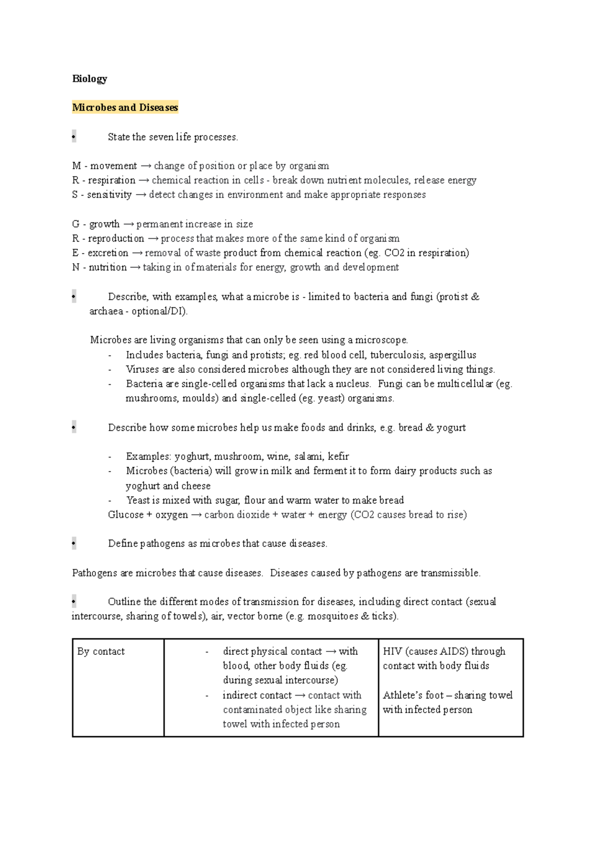 Biology EOY Notes: Microbes, Diseases, and Life Processes - Studocu