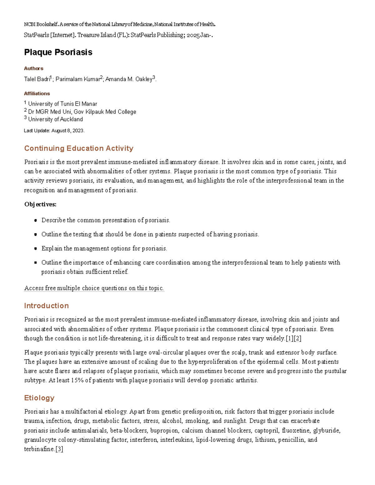 Plaque Psoriasis - Stat Pearls - NCBI Bookshelf - NCBI Bookshelf. A ...